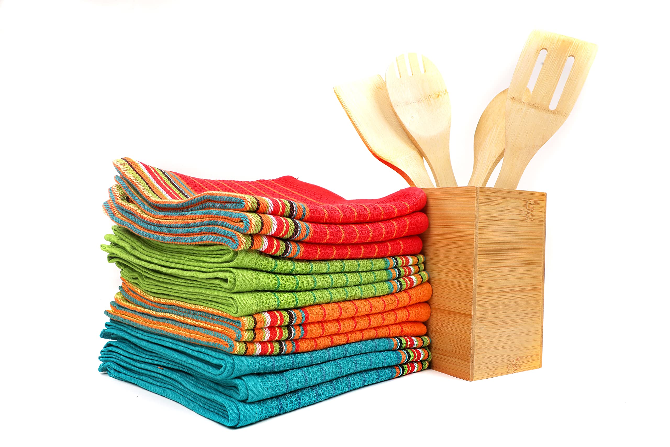 Kitchen Dish Towels Salsa Stripe - 100% Natural Absorbent Cotton Salsa Towels (28 x 16 inches) Festive Red, Orange, Green and Blue, 12-Pack