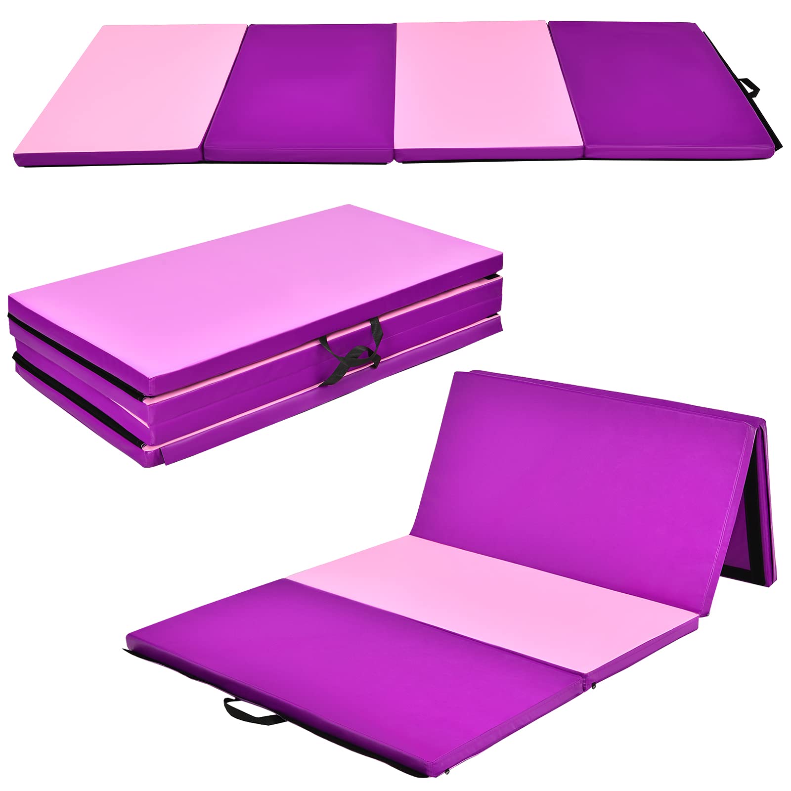 Giantex 4' x 8' x 2" Folding Gymnastics Mat, Gym Exercise Pad with Carrying Handles, Hook and Loop Fastener, 4 Panel Tumbling Mat for Yoga, Stretching, Workouts (Pink/Purple)