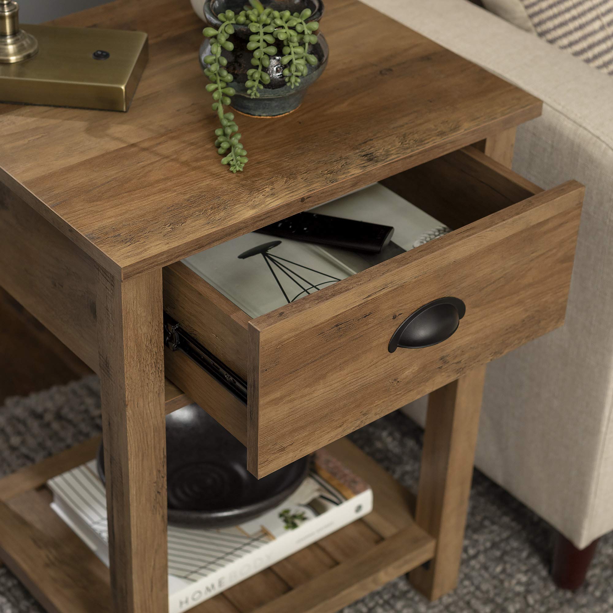 Walker Edison Farmhouse Square Side Accent Table Set-Living-Room Storage End Table with Storage Door Nightstand Bedroom, 18 Inch, Rustic Oak