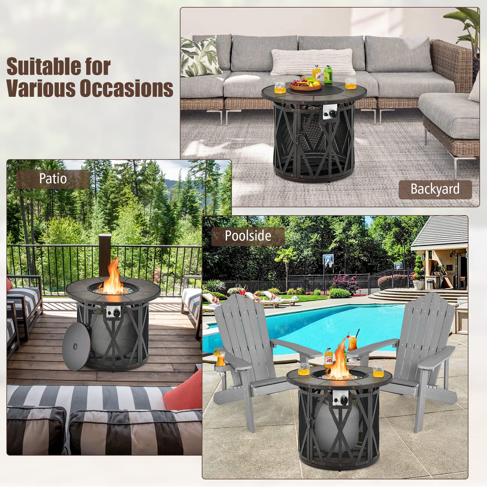 Giantex 32" Propane Fire Pit, 30,000 BTU Round Outdoor Fire Pit Table with Lid, PVC Cover, Glass Stones, CSA Approved, 2-in-1 Ignition Gas Fire Table for Outside Patio Garden Backyard Deck, Black
