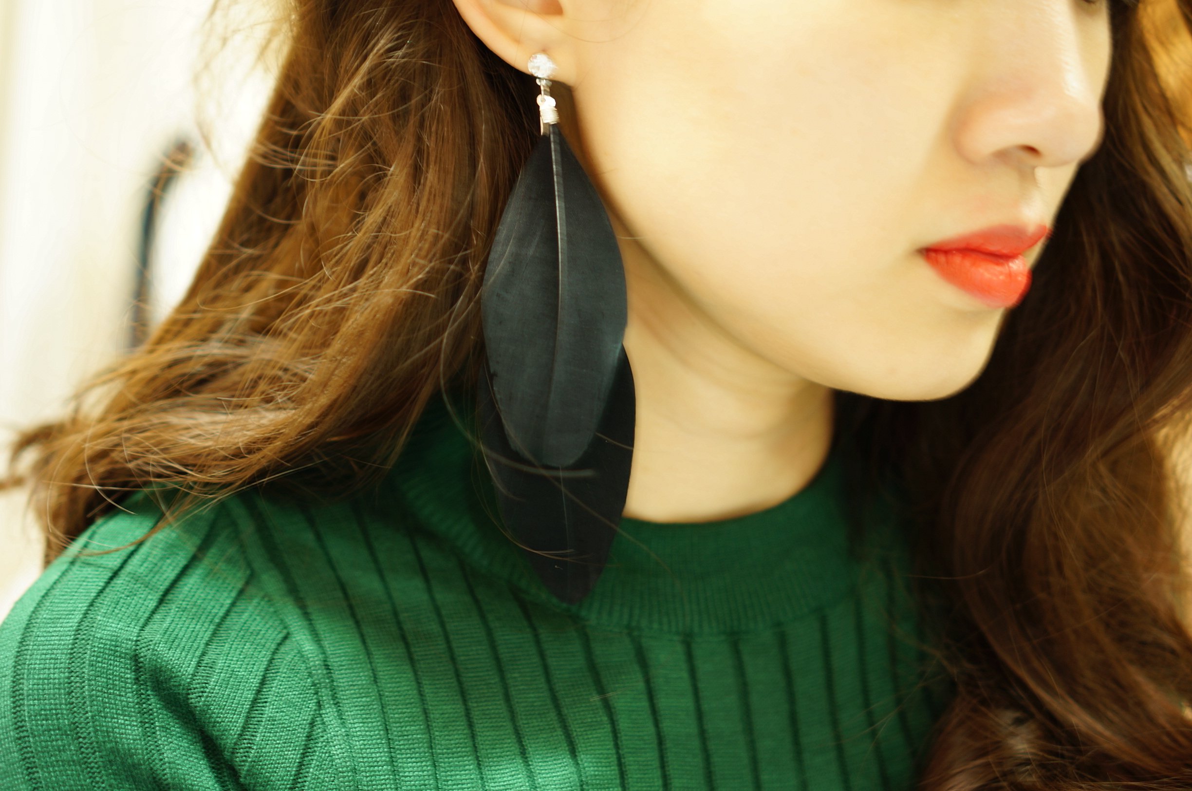Handmade Black feather earrings for women Natural Goose native super Light Antique earrings (Black)