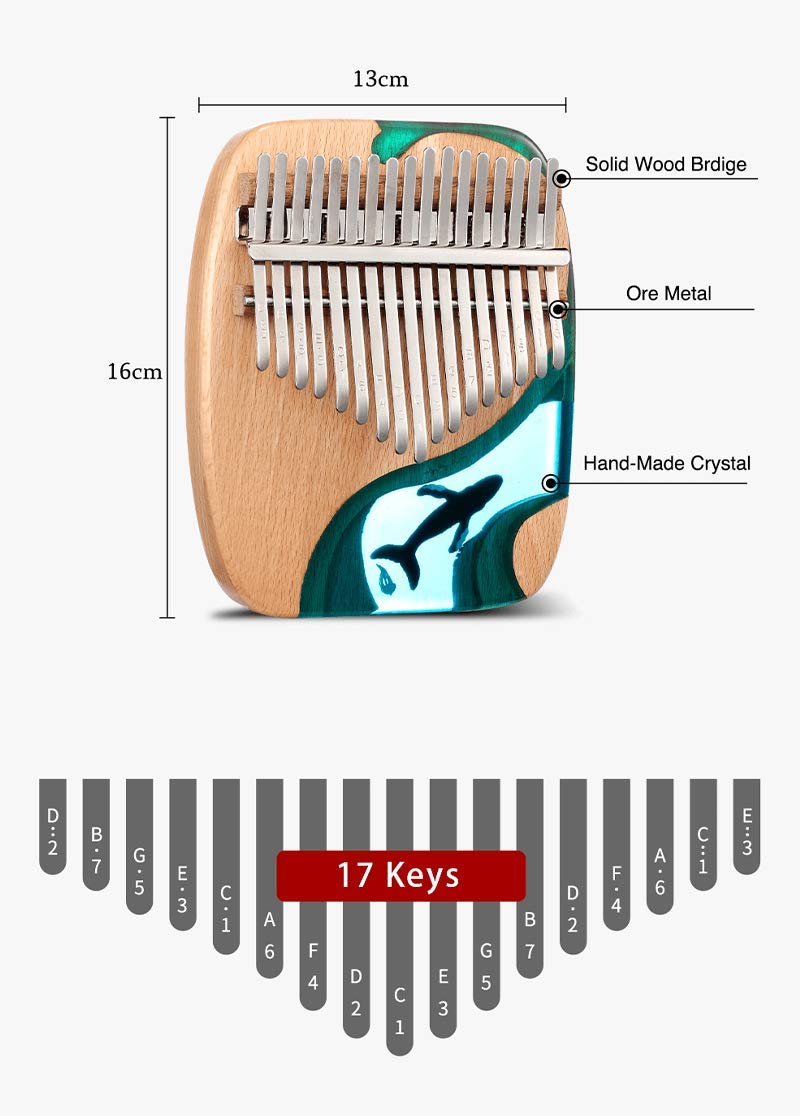 Hluru Resin Ocean Blue Kalimba | New 17 Key Whale Flat Board Thumb Piano No Screen Birthday Music Gifts