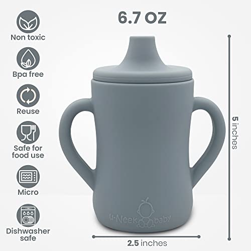 U-Neek baby Silicone Sippy Cup for Baby 6+ Months | Two Non Slip Handle Learner Cup for Toddlers | Transitional Training Cup for Baby Led Weaning and Independent Drinking 6.7oz | Baby Gift (Sea Blue)