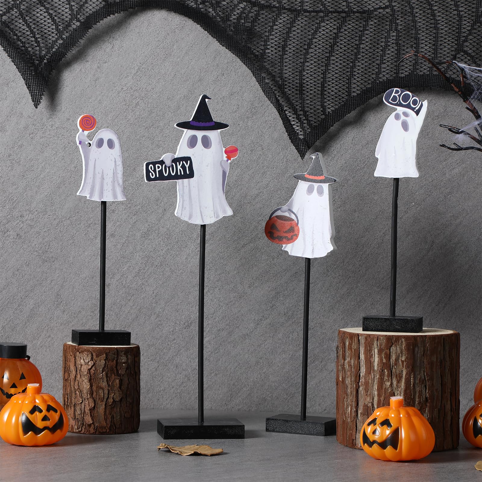 Thyle 4 Pcs Halloween Standing Table Decor Ghosts Wooden Signs Halloween Tiered Tray Decor Table Topper Sign for Halloween Party Favor Decor