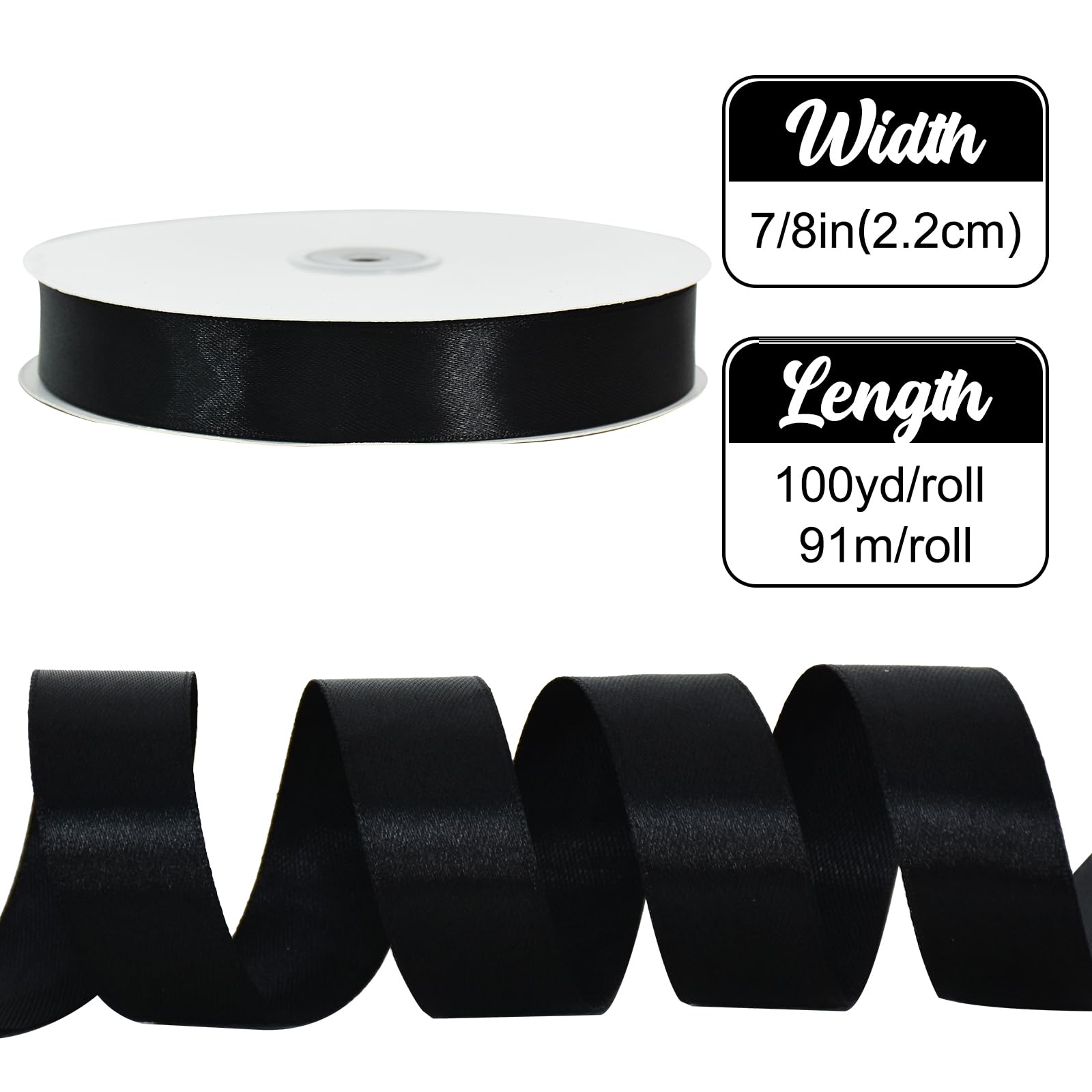 TONIFUL 7/8 Inch x 100yds Black Satin Ribbon Thin Solid Frabic Ribbons for Gift Wrapping, DIY Crafts Bows, Invitations, Floral Bouquets, Christmas Wedding Party Valentine's Decor