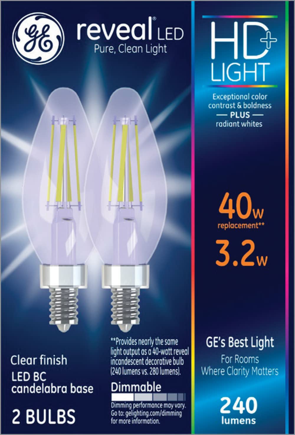 GE Reveal B10 Candelabra Base LED Bulb Pure Clean Light 40 Watt Equivalence 2 pk