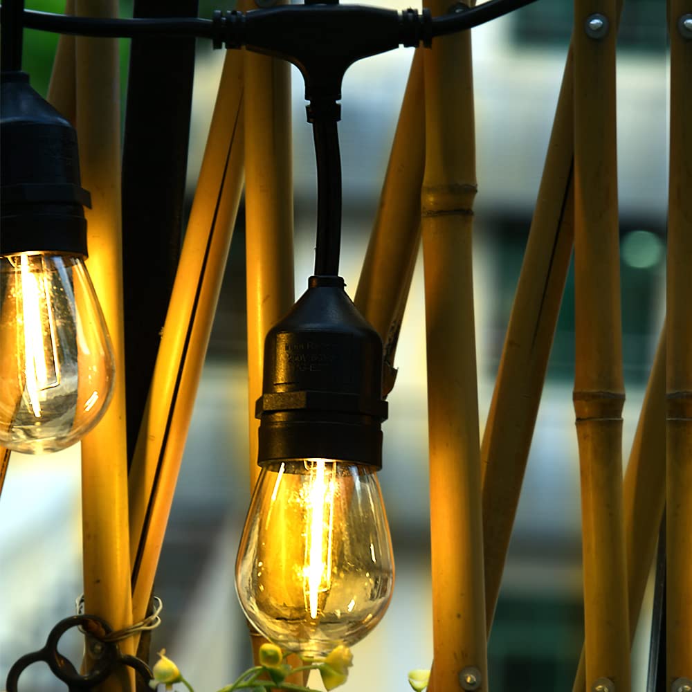 Outdoor String Lights LED 100FT Commercial Grade Heavy Duty with 30 Sockets 32 Shatterproof Include 2 Spare S14 Dimmable Plastic Edison Bulbs For Patio Market Cafe