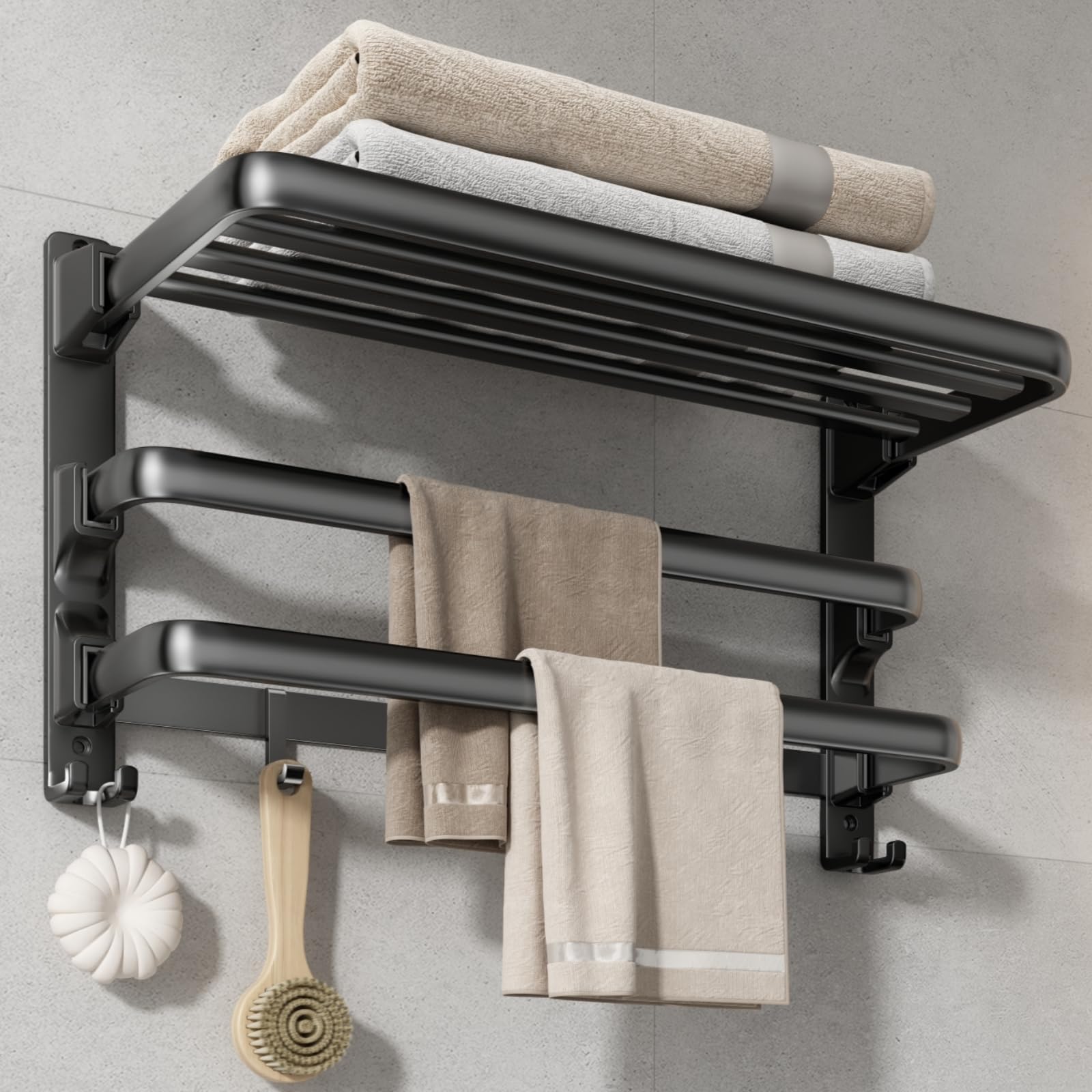 VOLDRA Towel Racks for Bathroom, 24-Inch Towel Shelf with Towel Bar Foldable Towel Holder with 7 Hooks Towel Storage Organizer for Bathroom & Lavatory Wall Mounted(Matte Black)