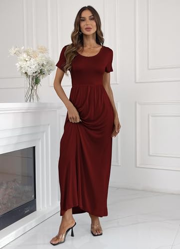 HAOMEILI Women's Short Sleeve Loose Plain Long Maxi Casual Dresses with Pockets L Wine Red