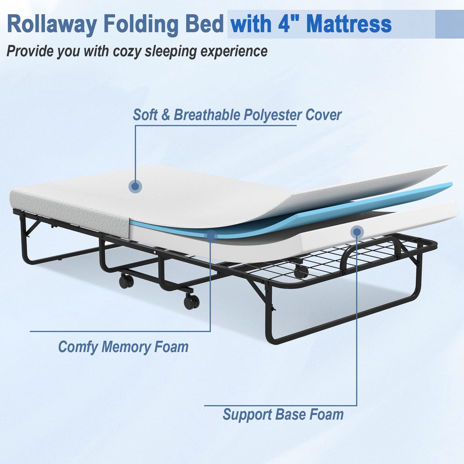Giantex Folding Bed with 4" Mattress for Adults, Twin Size Rollaway Guest Beds w/Sturdy Metal Frame & Memory Foam Mattress, Easy Storage, Portable Bed on Wheels for Office Room Living Room