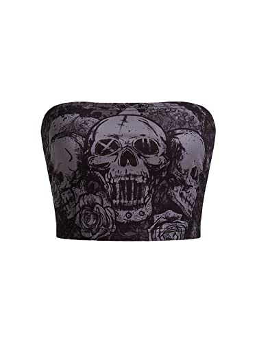 SOLY HUX Women's Skull Floral Print Tube Crop Top Sleeveless Strapless Bandeau Y2K Tops Multi Graphic L