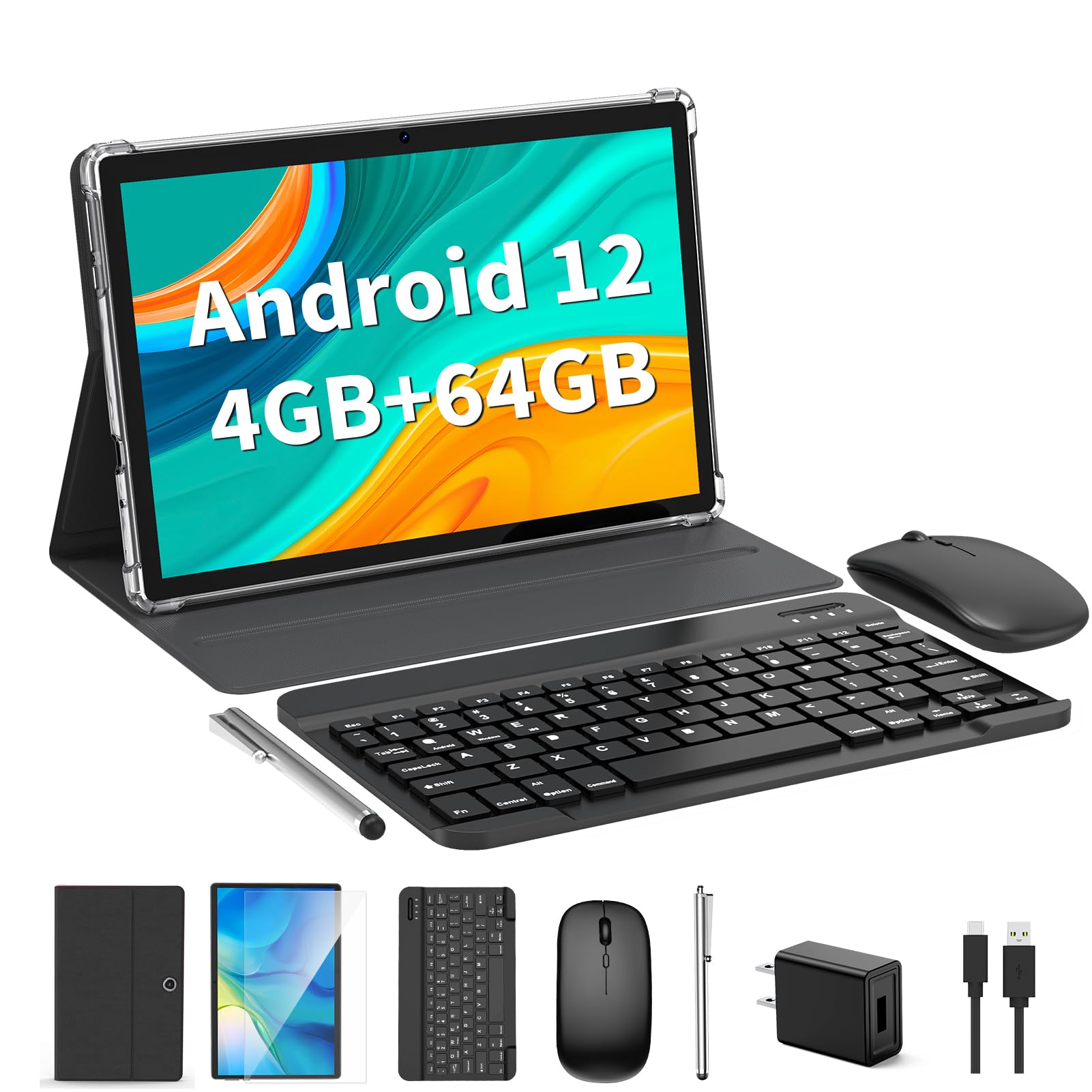 HISORL Android Tablet, 10 Inch Android 12 Tablet, 2 in 1 Tablet with Keyboard, Mouse, Case, Stylus, 4GB RAM 64GB ROM 1TB Expand, WiFi, Bluetooth, 8000mAh Battery, GMS Certified(Black)