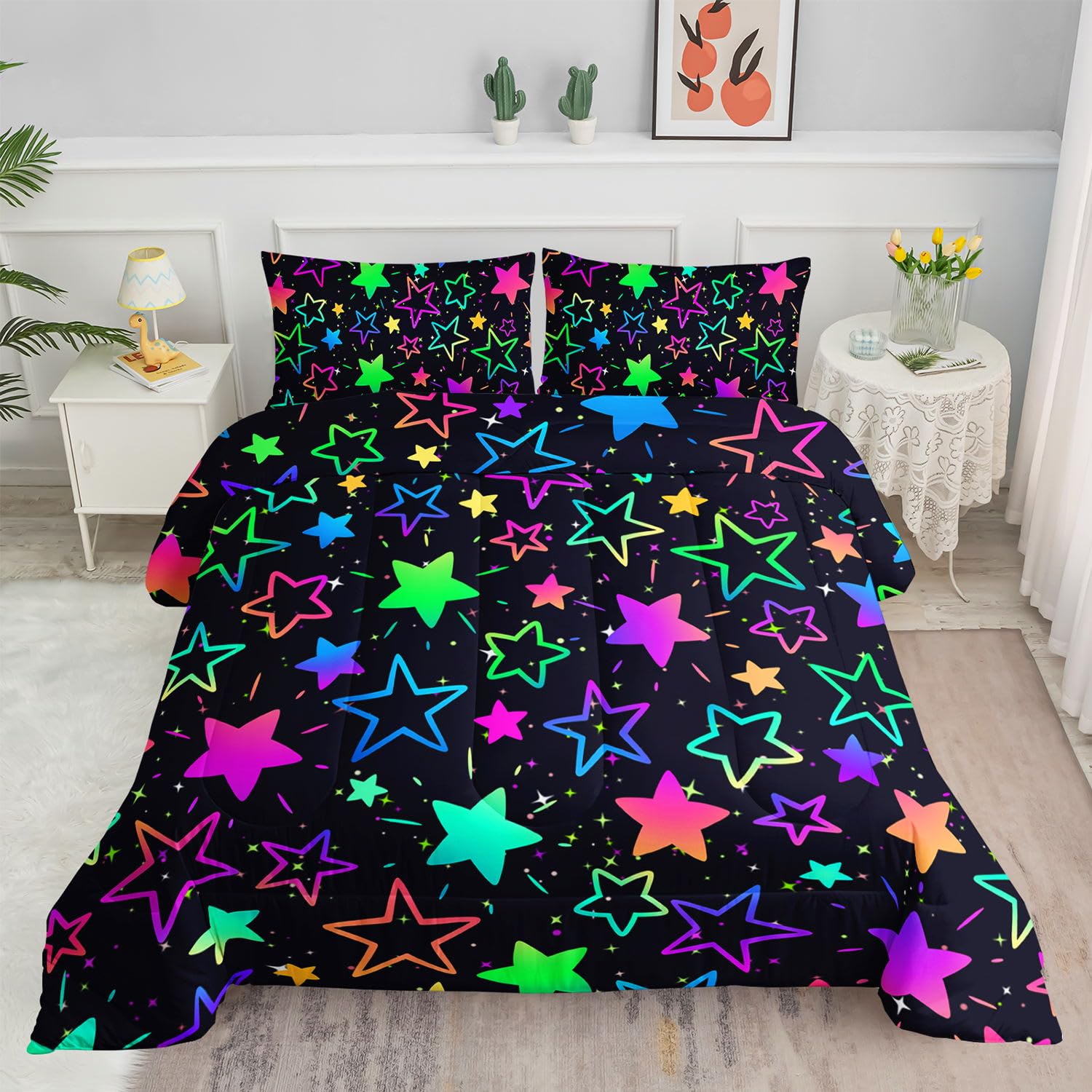 Smell Sunshine Kids Comforter Set Colorful Stars Printed Pattern Bedding Set with 1 Comforter and 2 Pillowcases for Girls Boys Bedroom All Season(Colorful Stars Full)