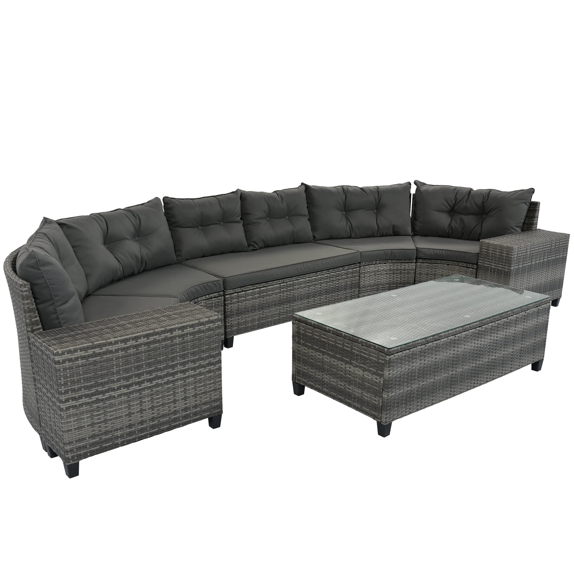 GODAFA 8-Pieces Outdoor Wicker Round Patio Furniture Set,Half-Moon Sectional Sofa with Rectangular Coffee Table,PE Rattan Water-Resistant,Movable Cushion, OneSize, Gray