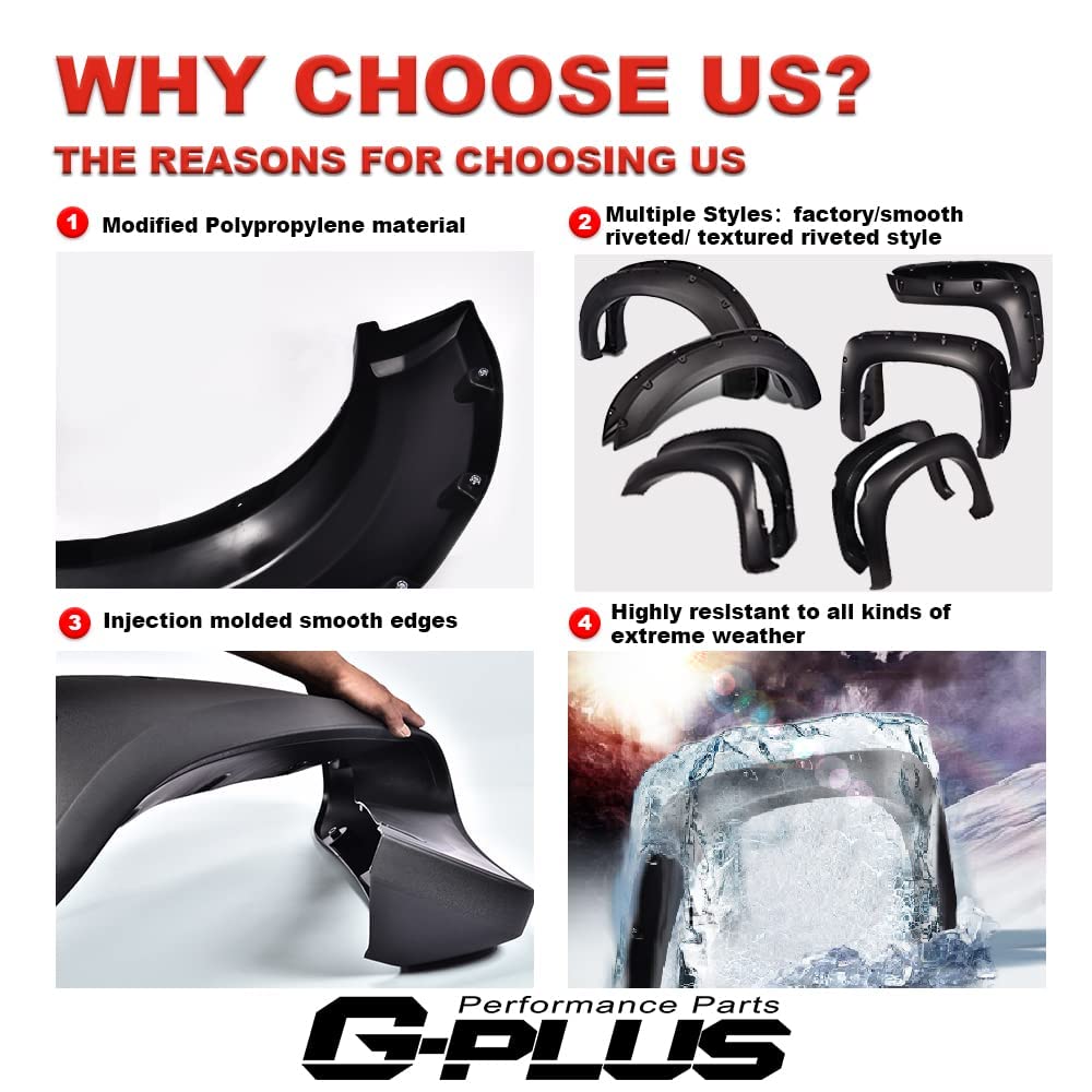 G-PLUS Fender Flares, Compatible with 2009-2014 Ford F150 67" / 78.8" / 97.4" Styleside Beds, [Not Compatible with Platinum & Raptor models], Rivet Style Smooth Matte Wheel Cover Protector 4pcs