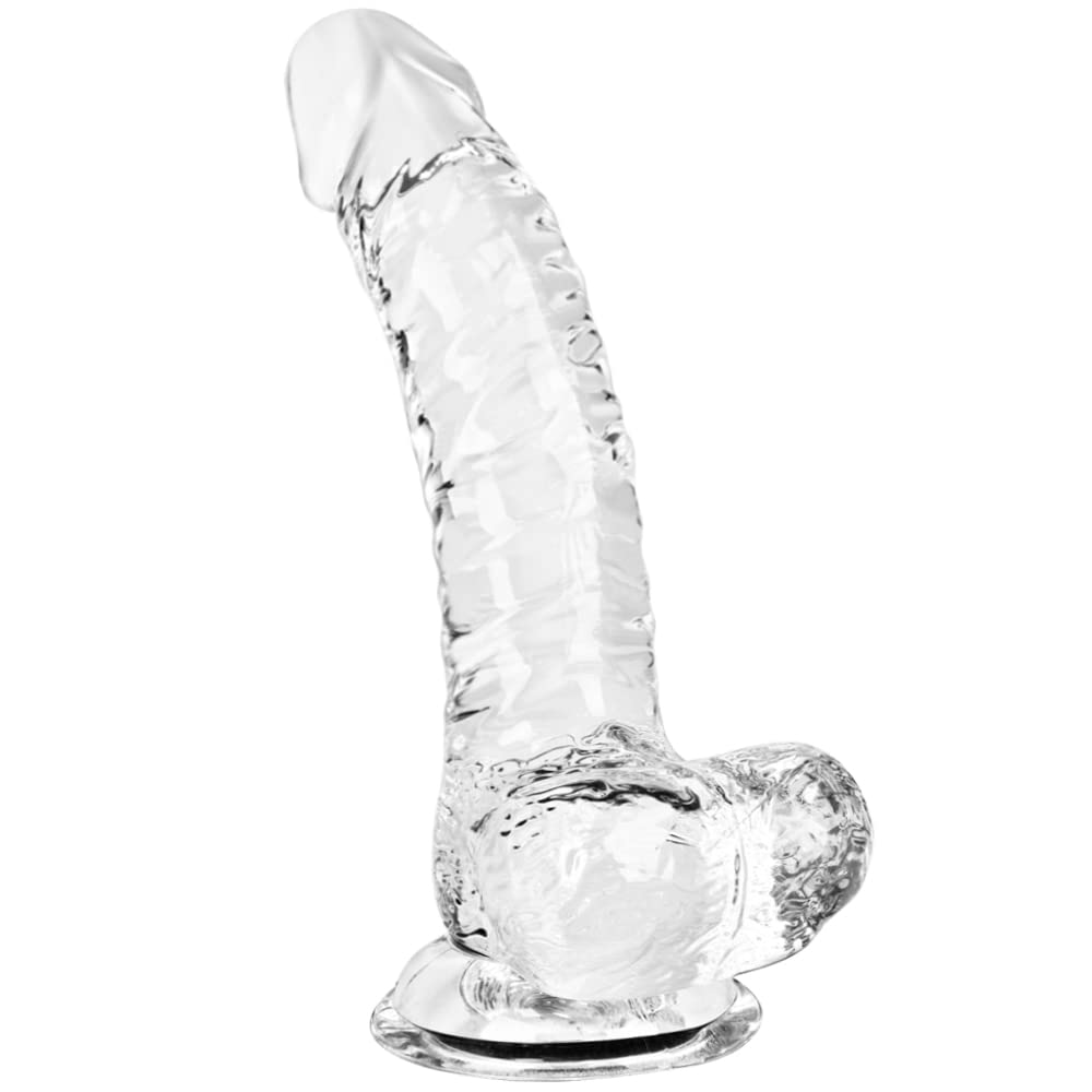 Hands-Free Pleasure with a Clear Suction Cup Dildo - Realistic 8.2 Inch Design with Curved Shaft and Balls for G-spot and Anal Stimulation.