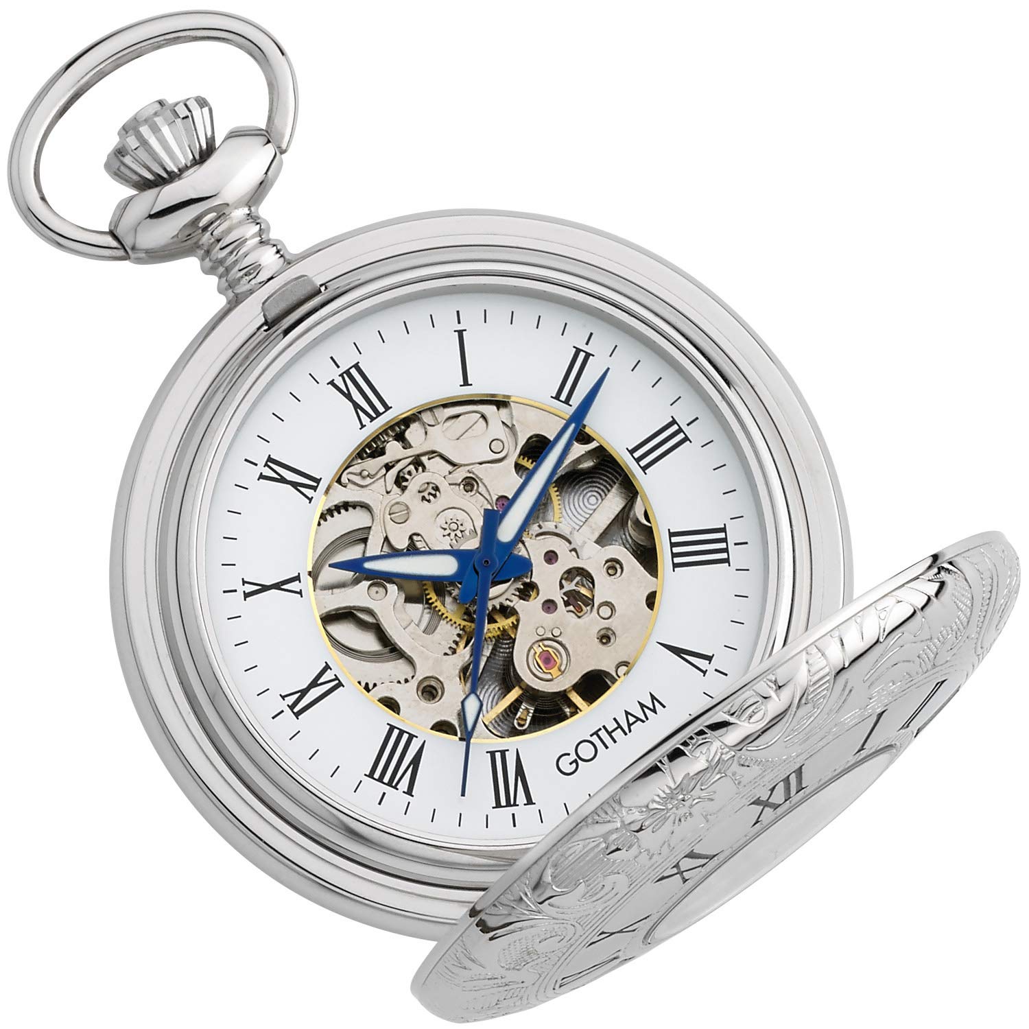 Gotham Men's Silver-Tone 17 Jewel Mechanical Exhibition Pocket Watch # GWC14040S