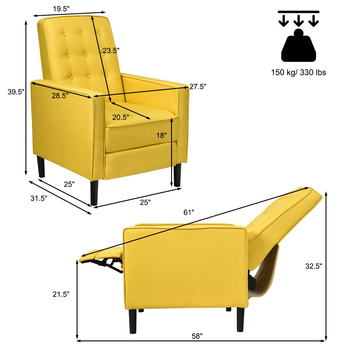 Giantex Push Back Recliner Chair, Modern Fabric Recliner w/Button-Tufted Back, Accent Arm Chair for Living Room, Bedroom, Home Office (Yellow)