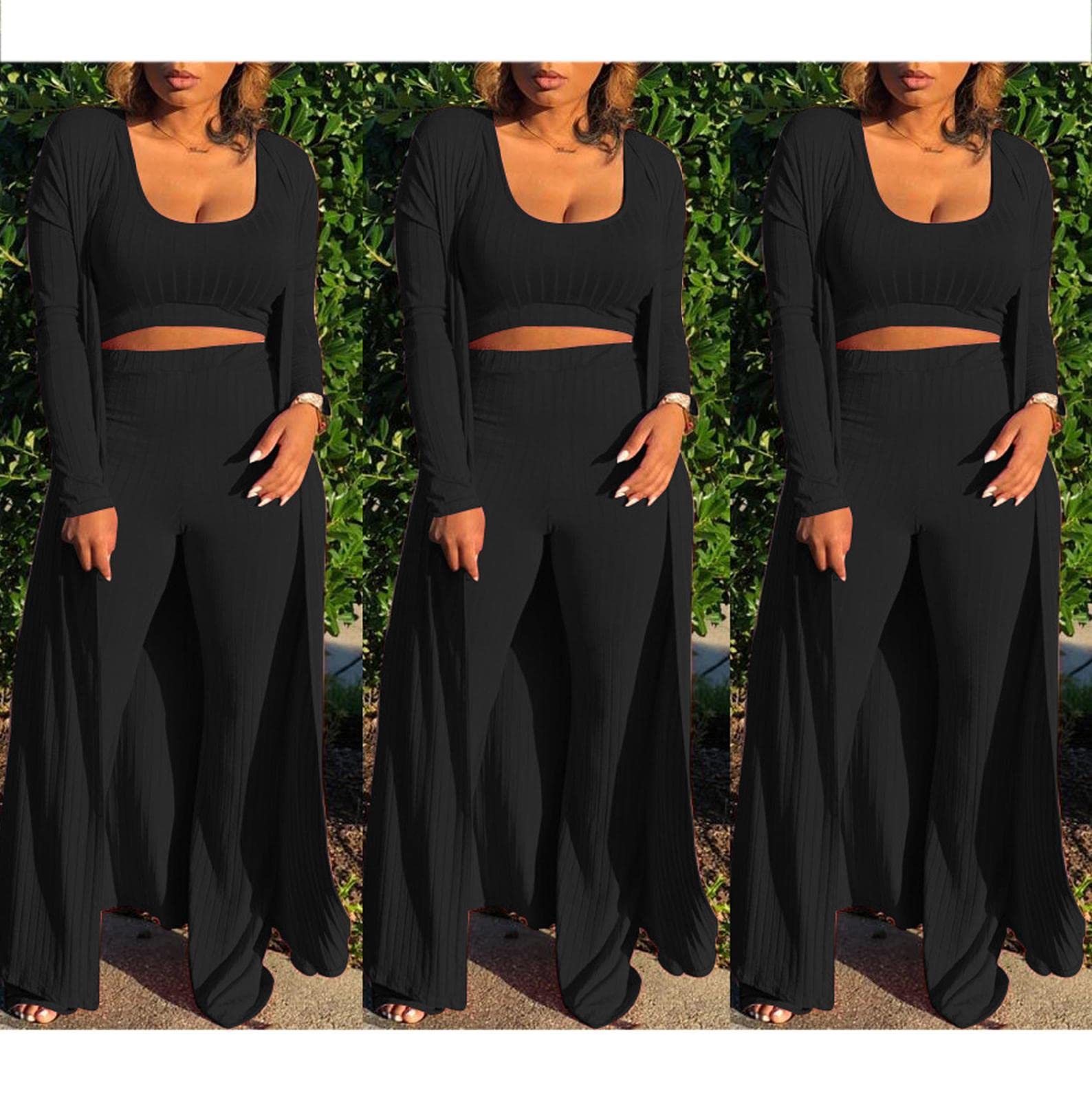 HANMAX Women's Tracksuit Winter Autumn Knitted Long-sleeved Blazer Coat Tank Long Pants Three Piece Sets Outfit