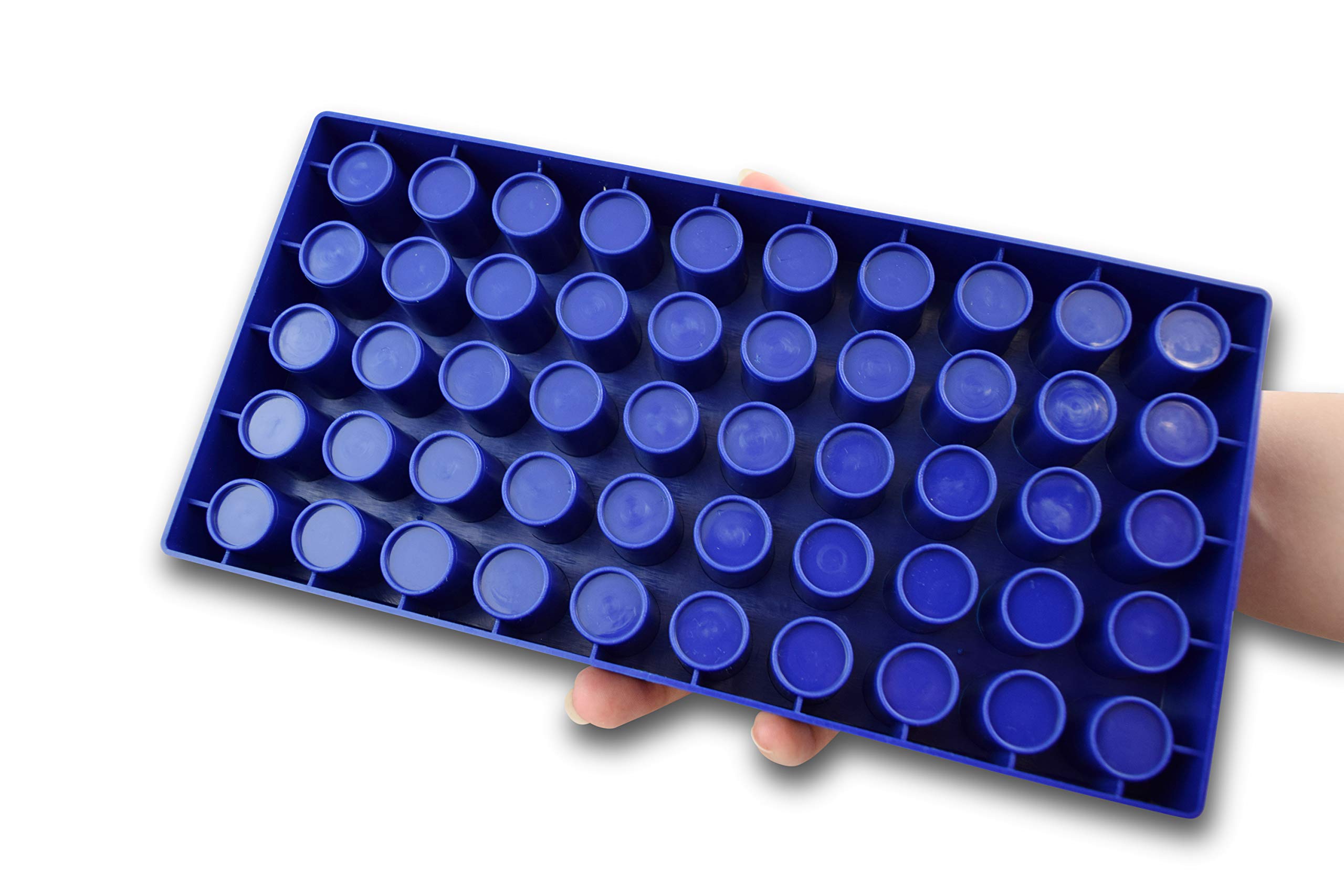 Tisch Scientific Vial Racks for 4mL Vials | 5 Pack | Blue Polypropylene | 9.25" x 4.5" x 1.125" | 50 Holes | Hole Diameter: 15mm | Hole Depth: 22mm | Autoclavable | CV2056