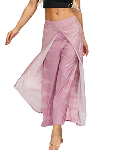 GLUDEAR Womens Palazzo Slit Wide Leg Pants Summer Casual Beach Boho Hippie Bohemian Pilate,Pink Feather,S/M