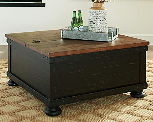 Signature Design by Ashley Valebeck Farmhouse Lift Top Coffee Table with Storage, Distressed Brown & Black Finish, 36 in x 36 in x 18 in