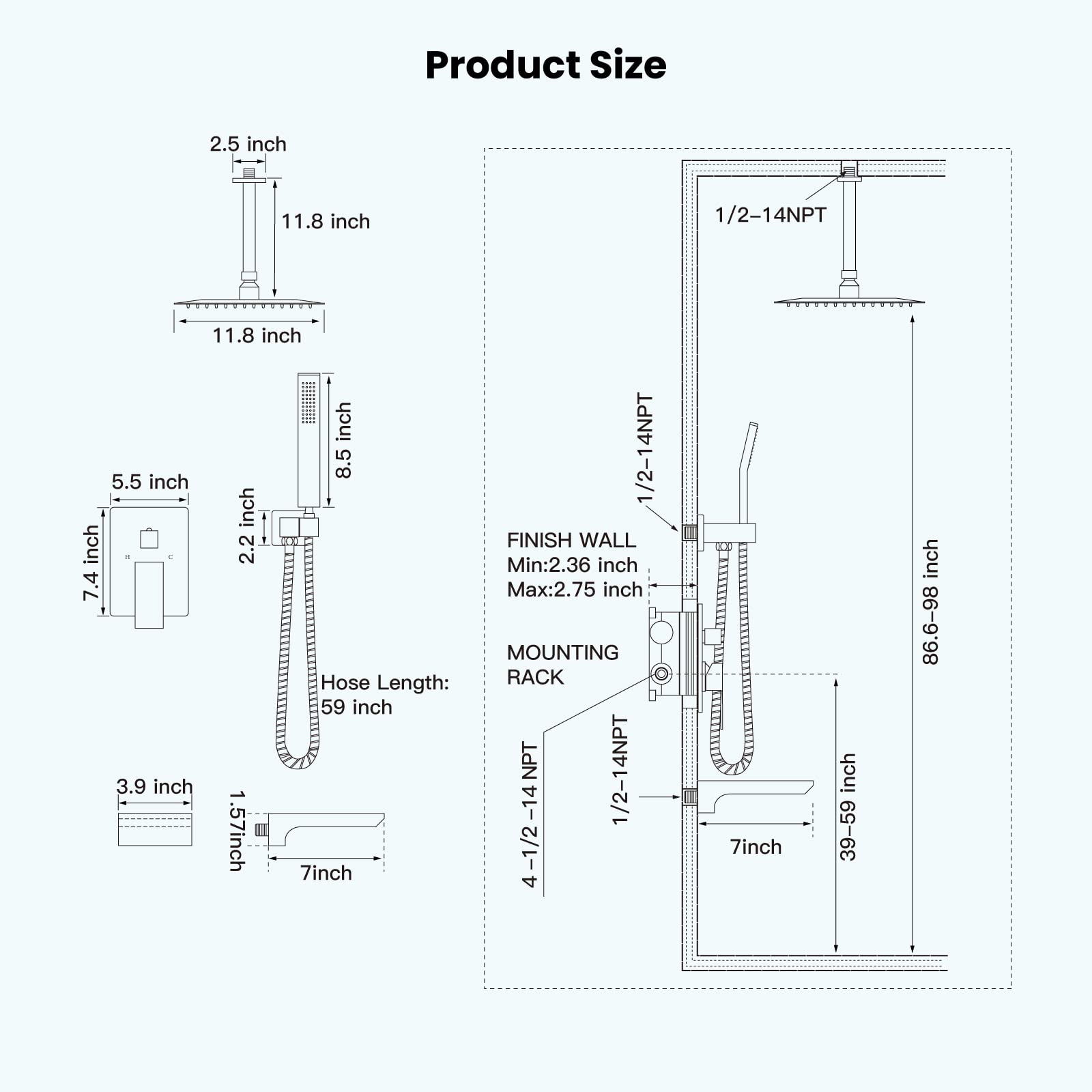 gotonovo Rain Mixer Shower Faucet Set Combo with Waterfall Tub Spout Rain Shower System Ceiling Mount Rainfall Shower Head with Handheld Spray Rough-in Valve and Trim Included Matte Black 12''