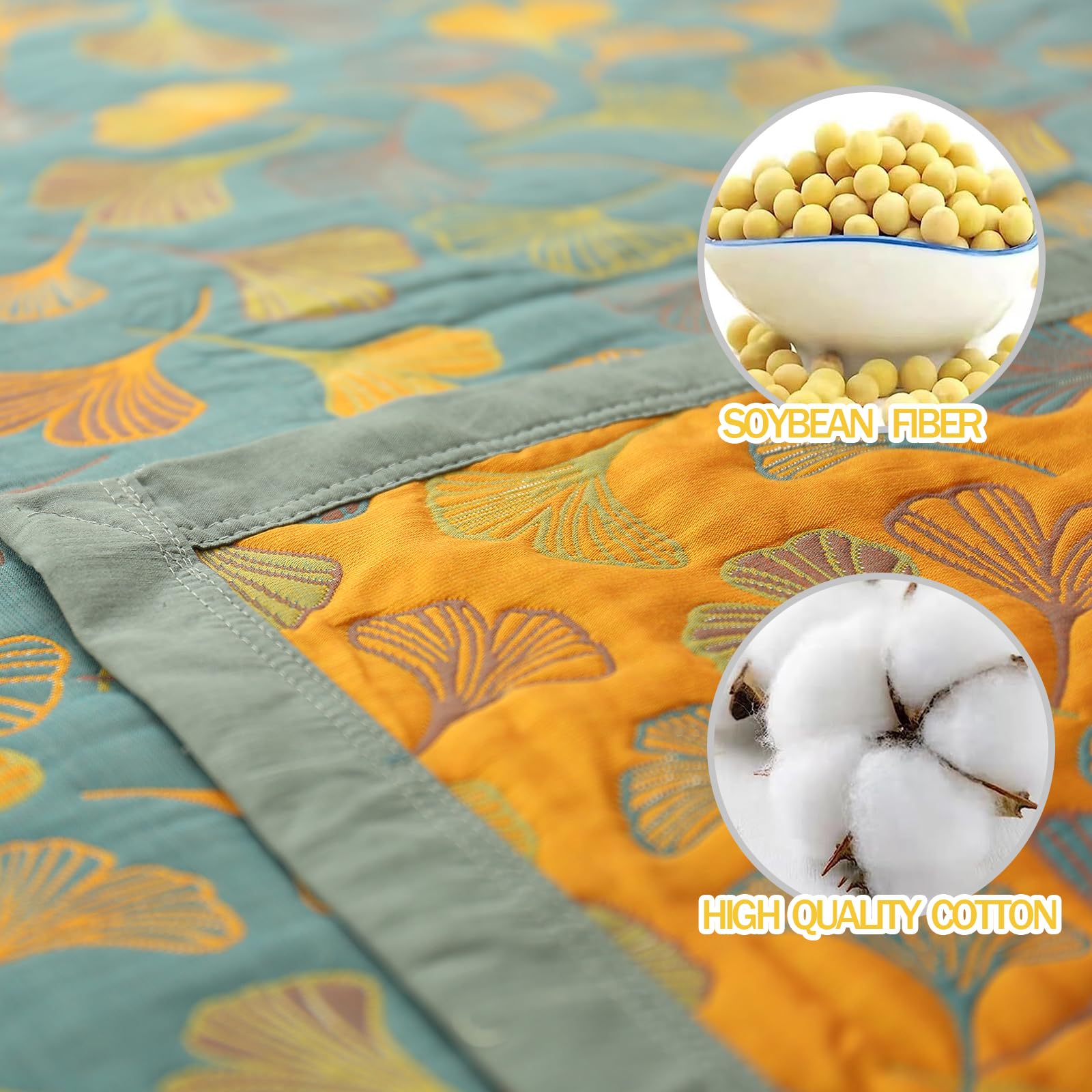 GinkgoLeaf Pattern Cotton Reversible Quilt Sets 3 Piece,Breathable Reversible Quilt Ginkgo Leaves Embroidered,king sizeginkgo quilt ,Lightweight and Breathable Ginkgo Leaf Pattern Rustic Comforter