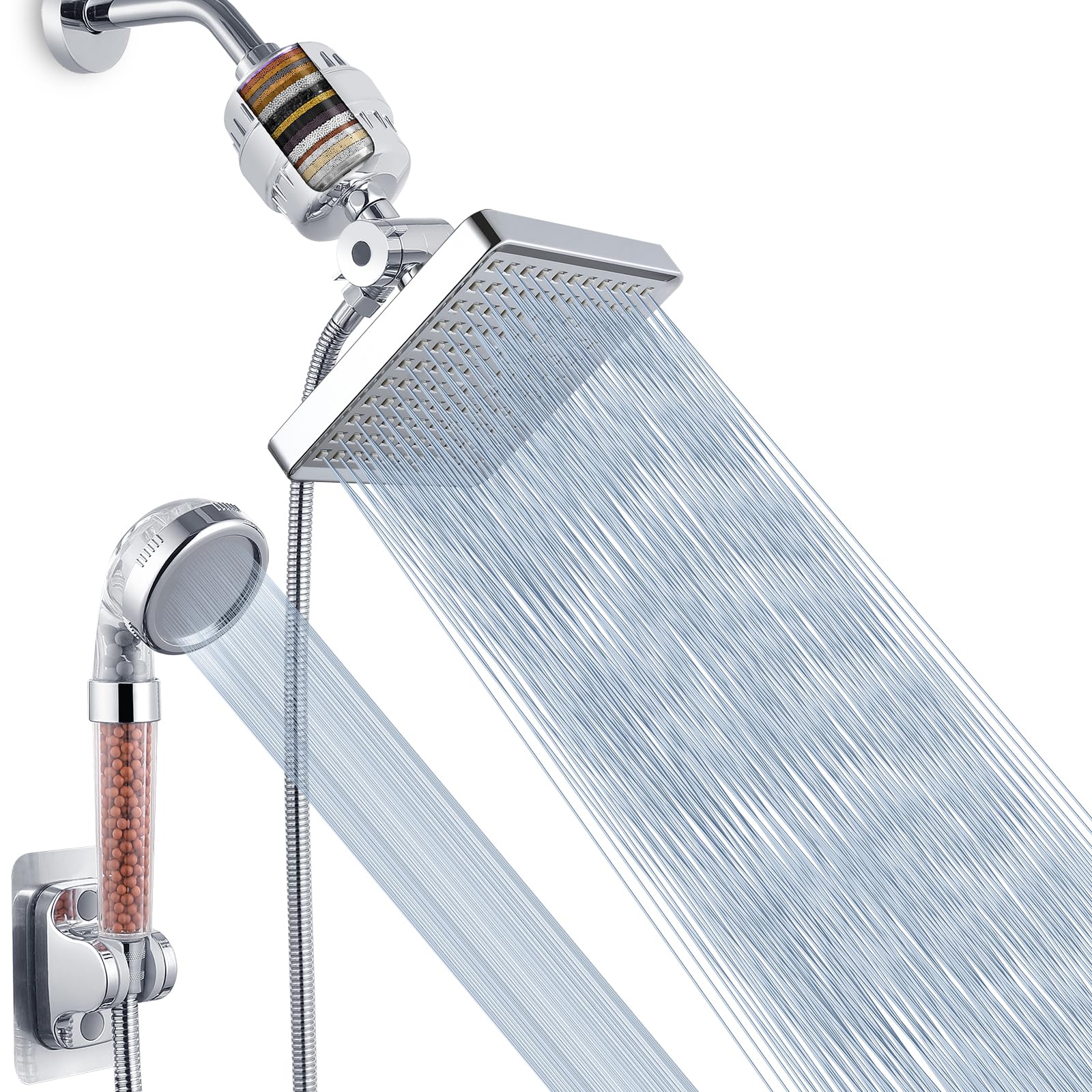 Voolan Filtered Shower Head, High Pressure Rain Shower with Handheld Shower Filter Combo with Self-adhesive Holder/59" Hose -1 Replaceable Filter Cartridge (Chrome)