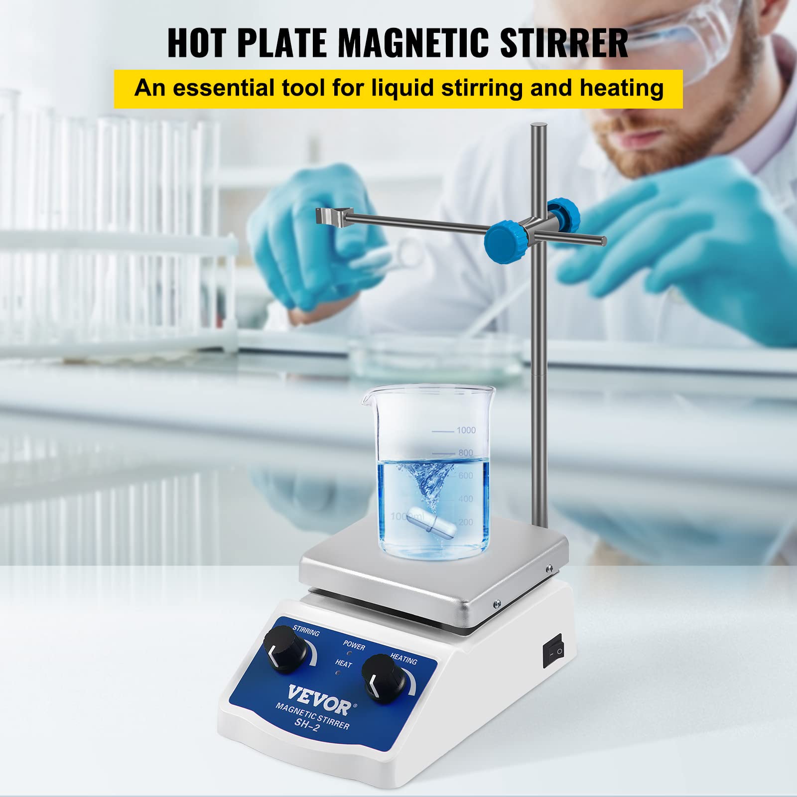 VEVOR SH-2 Magnetic Stirrer, 0-2000 RPM, 1000ml Mixing Capacity Laboratory Magnetic Stirrer Hotplate w/Stand, 180W Heating Power & 380°C Max Heating Temperature, for Lab Liquid Mixing Heating