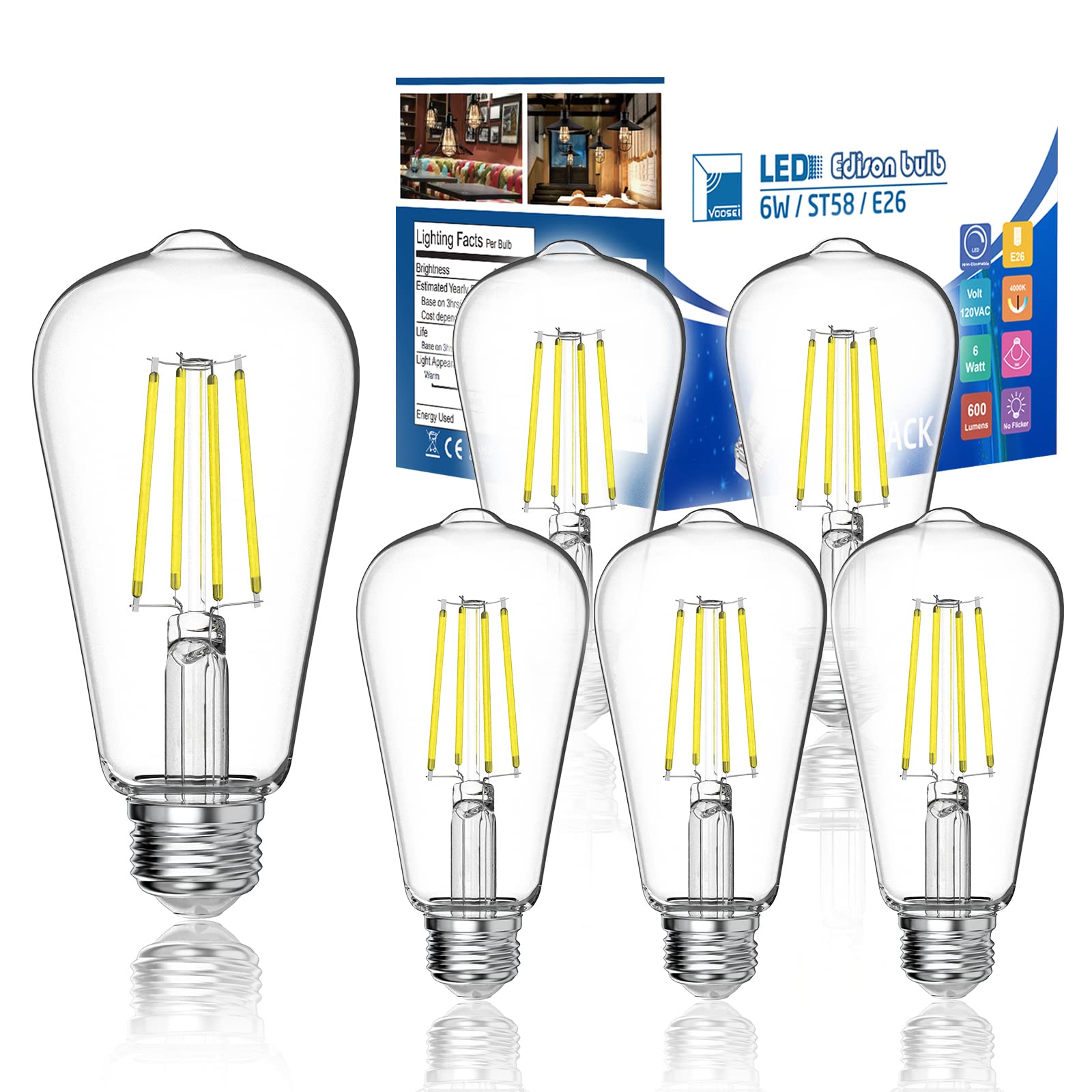 VOOSEI Daylight Bulbs 4000K LED E26 60W Dimmable, 6W Equivalent to 60W Edison High Brightness ST58 Antique Filament Bulbs Clear Glass Pack of 6
