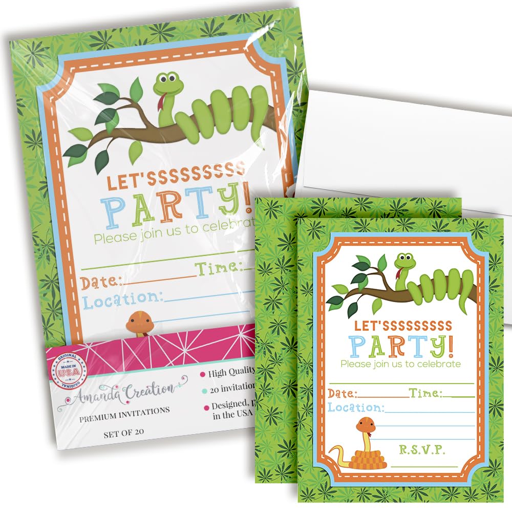 Snake Themed Birthday Party Invitations, 20 5x7 Fill In Cards with Twenty White Envelopes by AmandaCreation