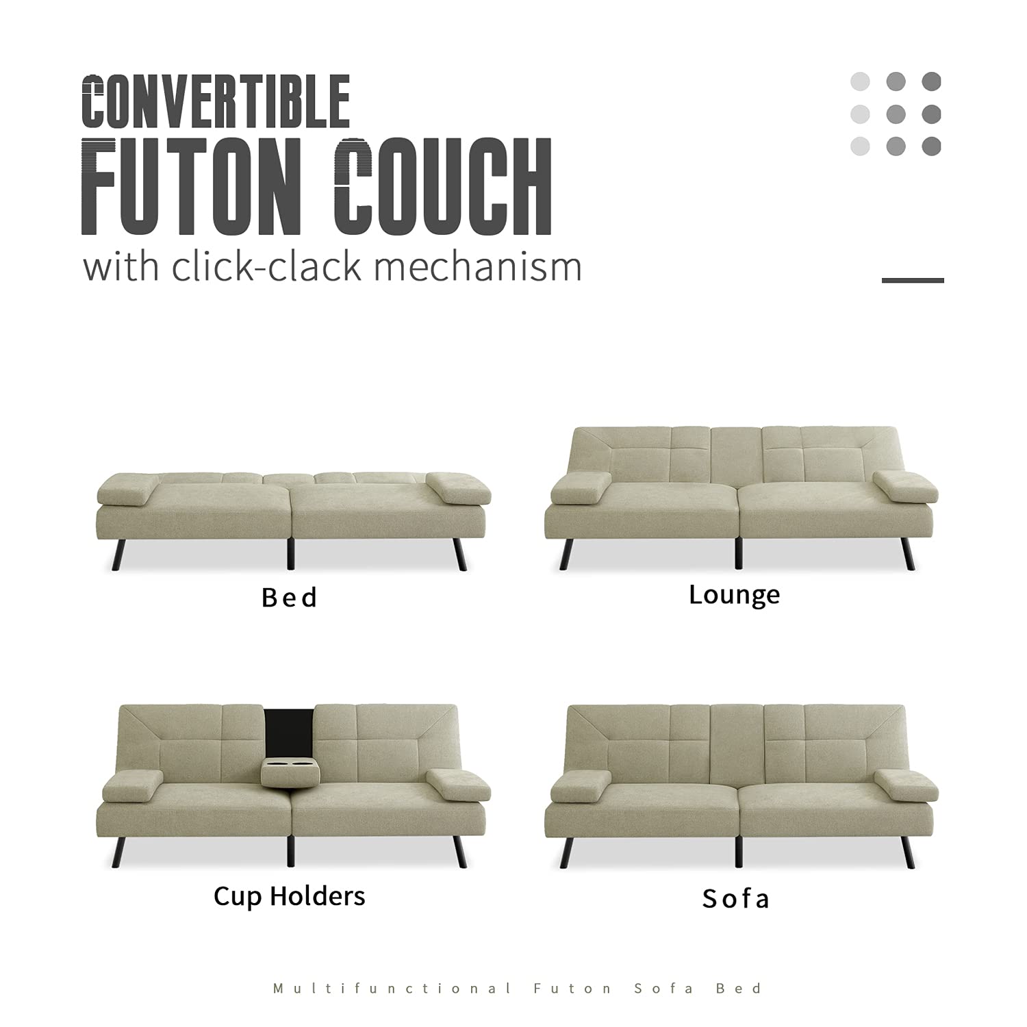 IULULU Sofa Bed, Modern Convertible Futon Sleeper Couch Daybed with 2 Cup Holders, Removable Memory Foam Armrests for Studio, Apartment, Office,Living Room, Sage Grey