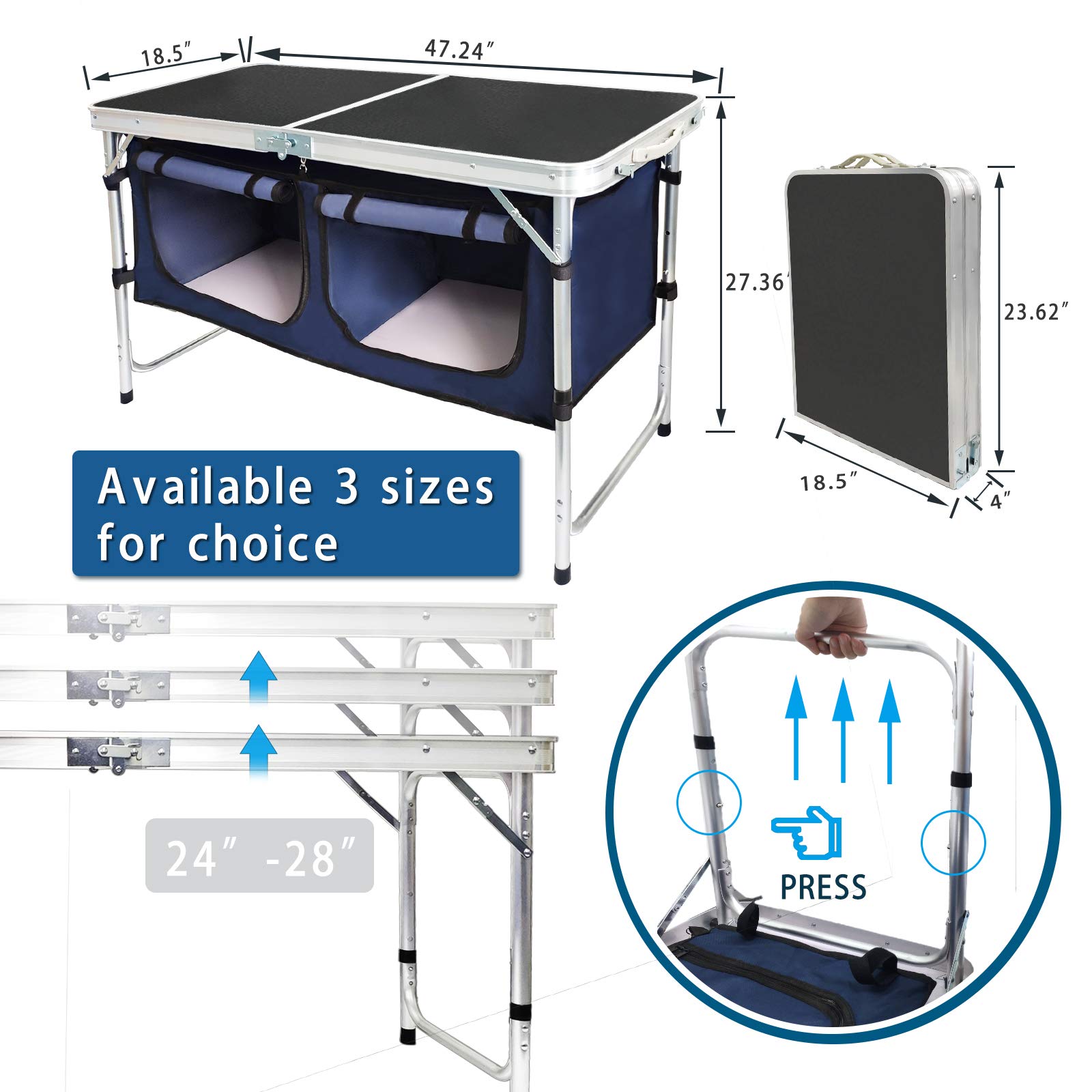 Gocamptoo Outdoor Folding Table with Storage Organizer, Portable Aluminum Lightweight Adjustable Table for Camping, Picnic (BK)