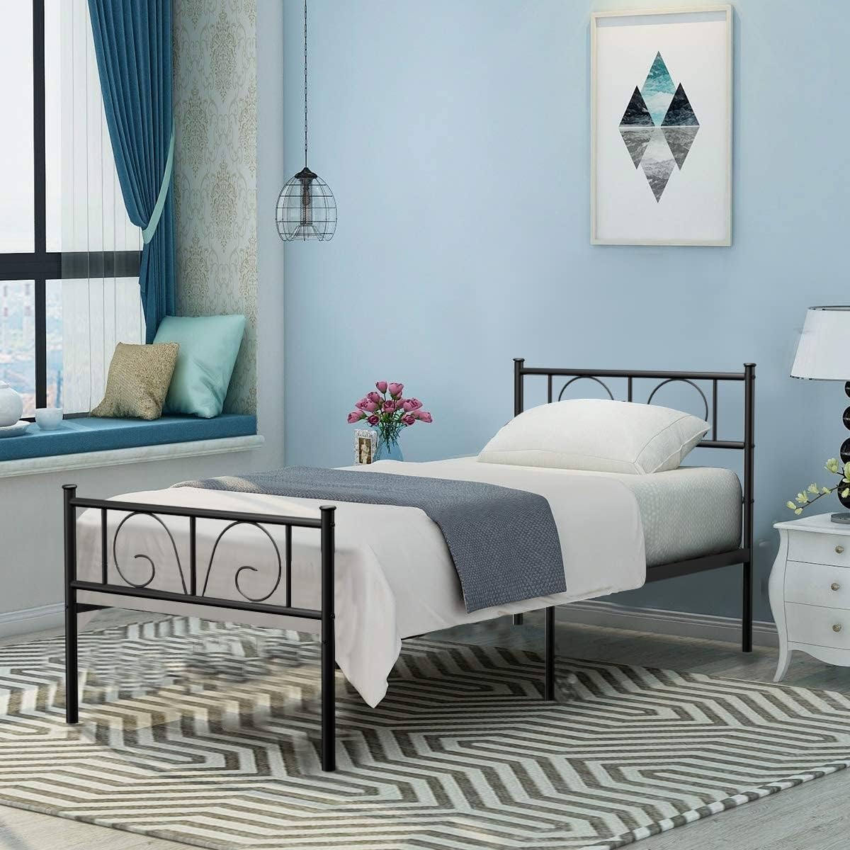 Twin Bed Frames Black for Boys Teenagers Adult, Single Platform Steel Bed Frame with Storage Girls Twin Size Beds Mattress Foundation Metal Slats Support with Headboard Footboard No Box Spring Needed