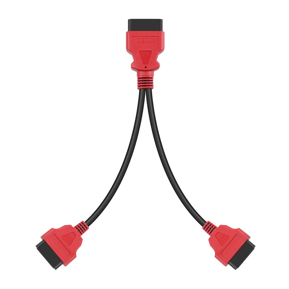 iKKEGOL 30cm/12 inch Ultra Low Profile OBDII Extension Cable, OBD II 2 Y Splitter Cable,1 Male to 2 Dual Female Y J1962 Ports Extension Connector Adapter Red
