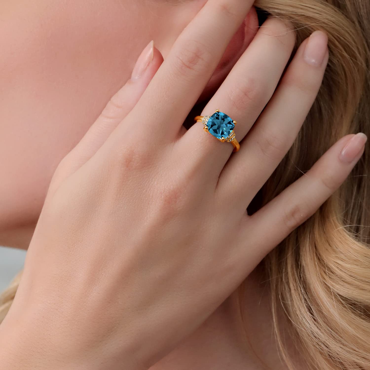Gem Stone King 18K Yellow Gold Plated Silver London Blue Topaz Ring For Women (5.49 Cttw, Cushion 10MM, Gemstone Birthstone, Available In Size 5, 6, 7, 8, 9)