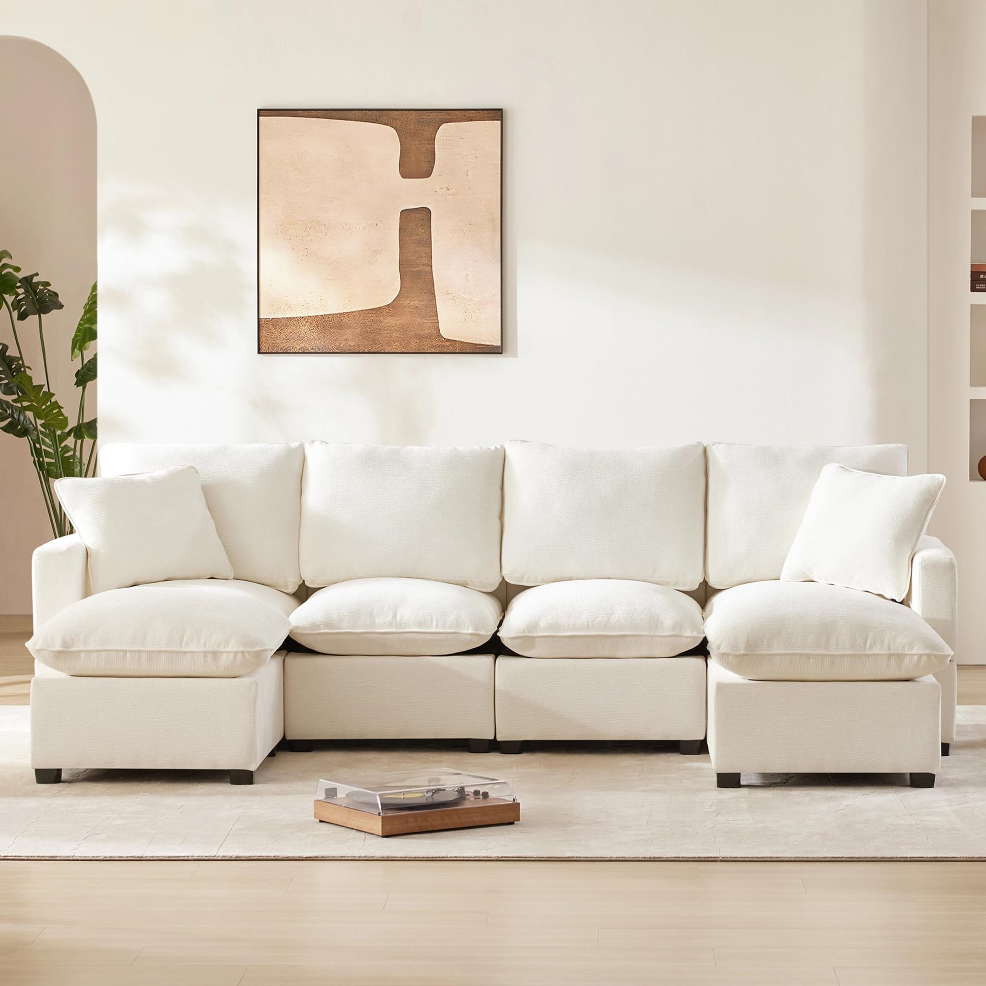 Tmsan Chenille Sectional Sofa Cloud Couch for Living Room, 110" Modern U Shaped Comfy 4 Seater Modular Sofa with Chaise Lounge & 2 Pillows for Bedroom Apartment Office