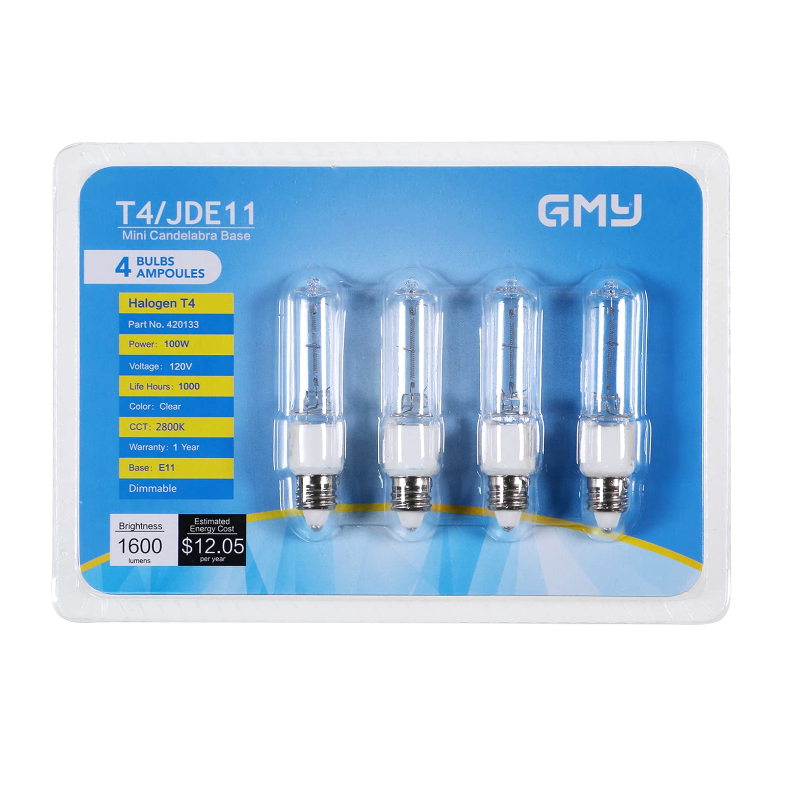 GMY 4 Pack JDE11 120V 100W Halogen Bulb T4 E11 Mini Candelabra Base Dimmable 2800K Warm White for Ceiling Fan, Chandeliers, Pendants, Table Lamps, Cabinet Lighting