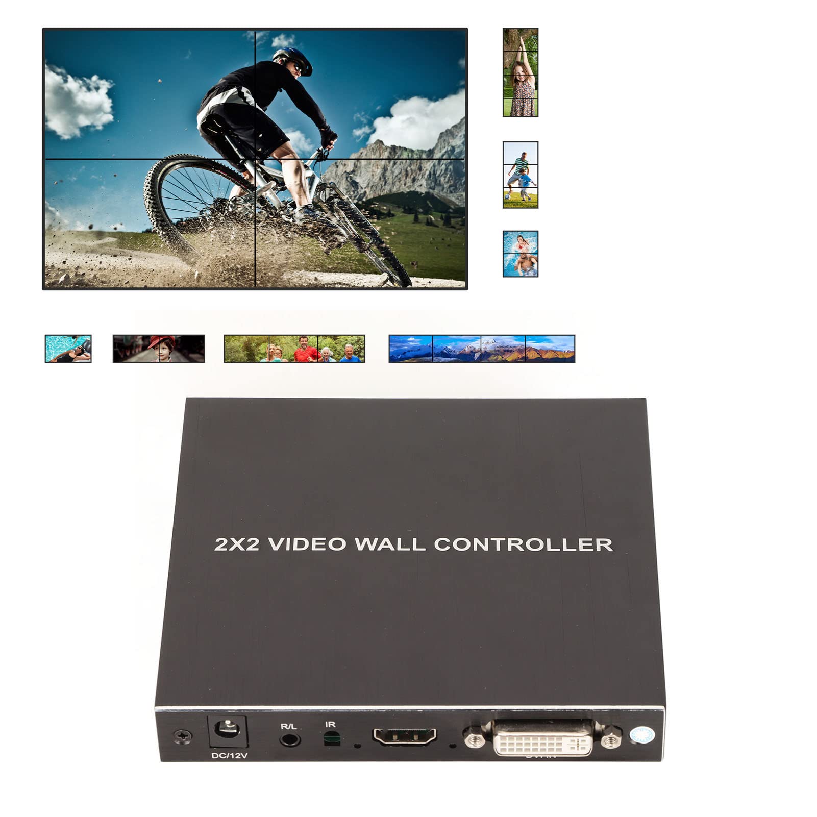 Video Wall Controller, DVI TV Wall Video Controller, Supports 180 Degree Image Rotation and Masking, with Remote, Support 2x2 1x2 2x1 1x3 3x1 1x4 4x1 Video Wall (US