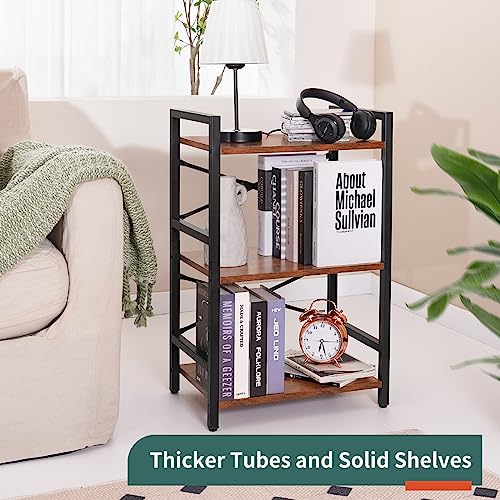 Yoobure Bookshelf Small Book Shelf, Solid Industrial 3 Tier Shelf Bookcase, Short Book Case for Bedroom, Living Room, Office Home, Small Spaces, Easy Assembly Berry Brown