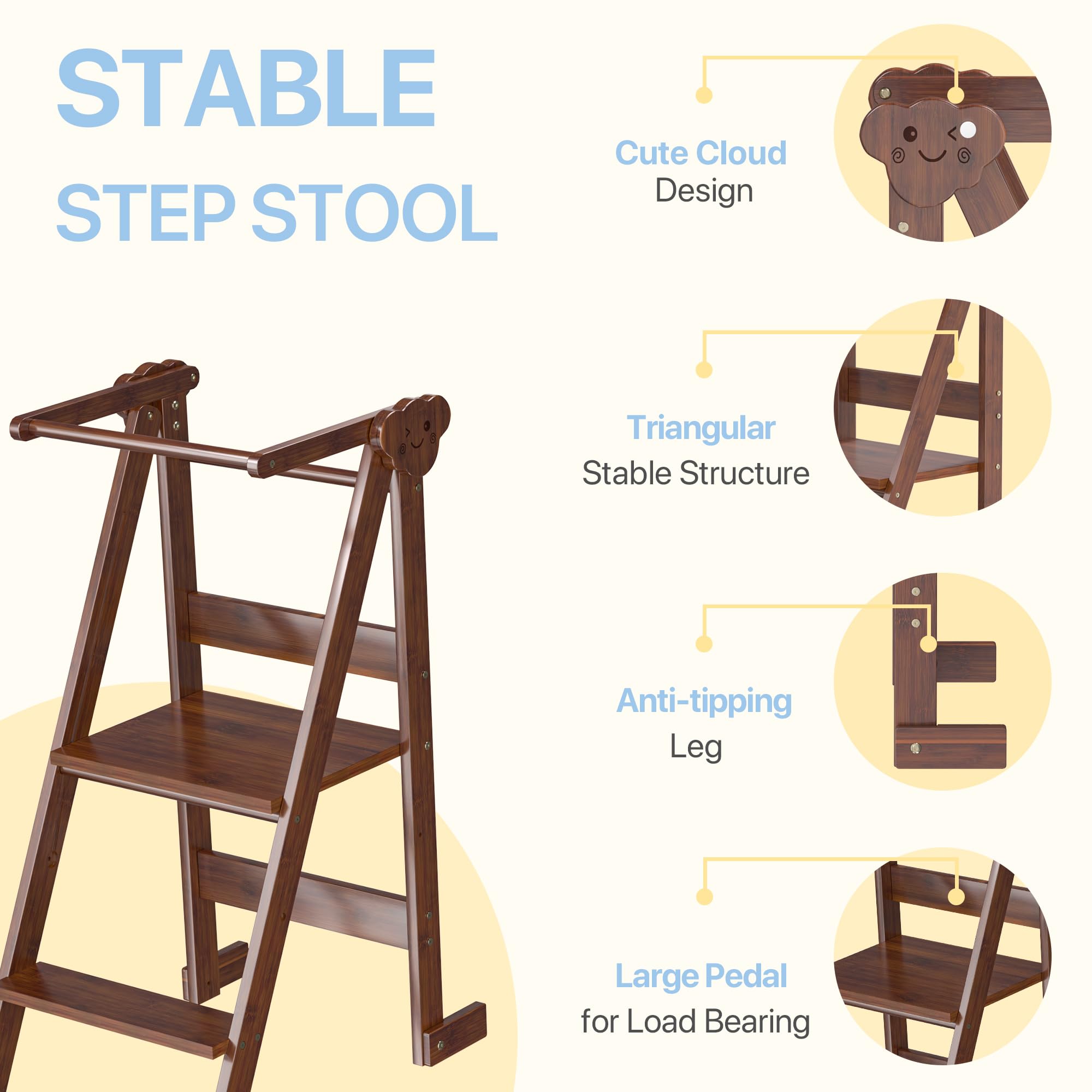 TOETOL Step Stool Foldable Toddler Tower, Bamboo 2 Step Stool for Kitchen, Living Room, Bathroom