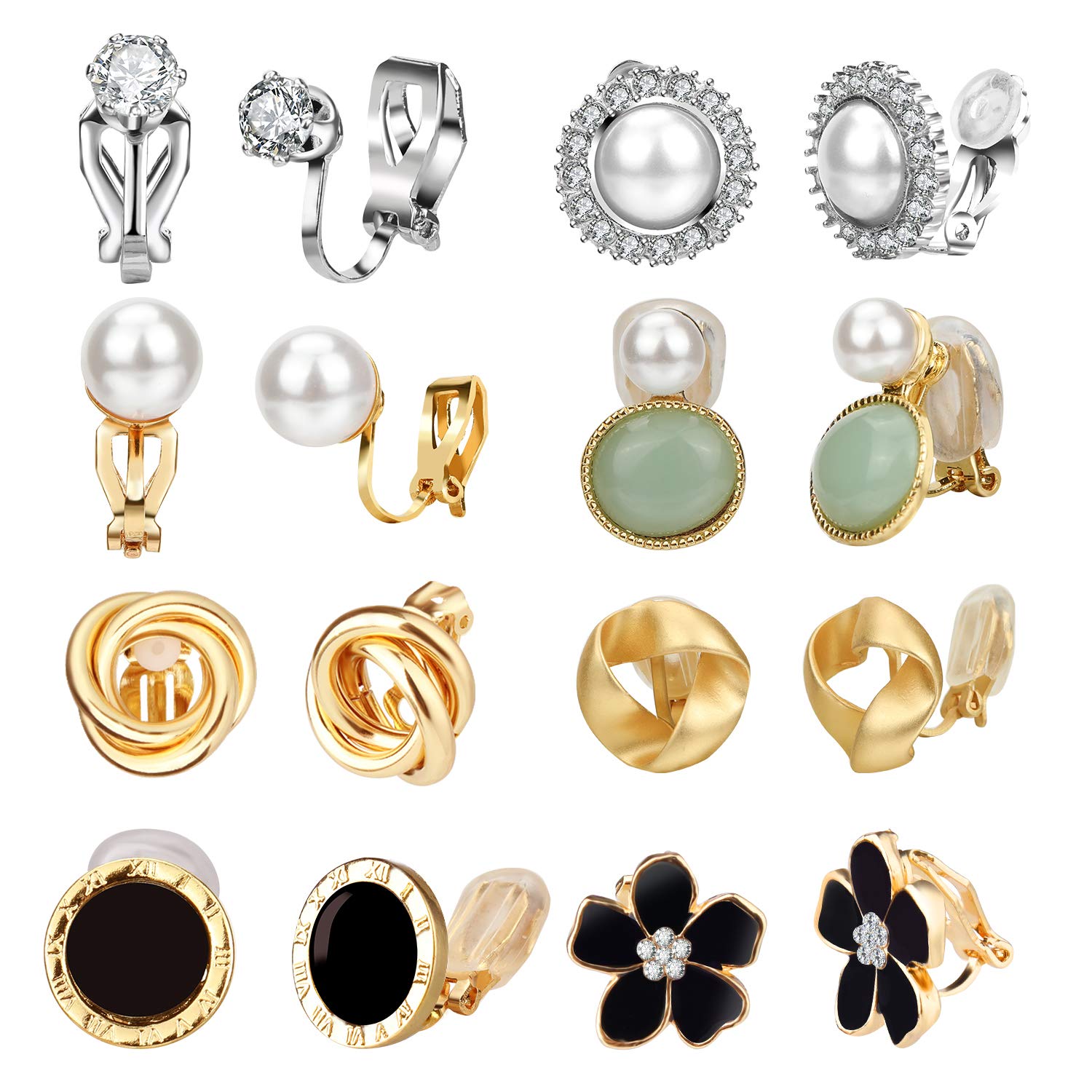 Hicdaw 8 Pairs Clip On Earrings for Women Non Pierced Earrings Rose Flower CZ Pearl Twist Knot Jewelry Clip on Earrings Sets Hypoallergenic Earrings for Women