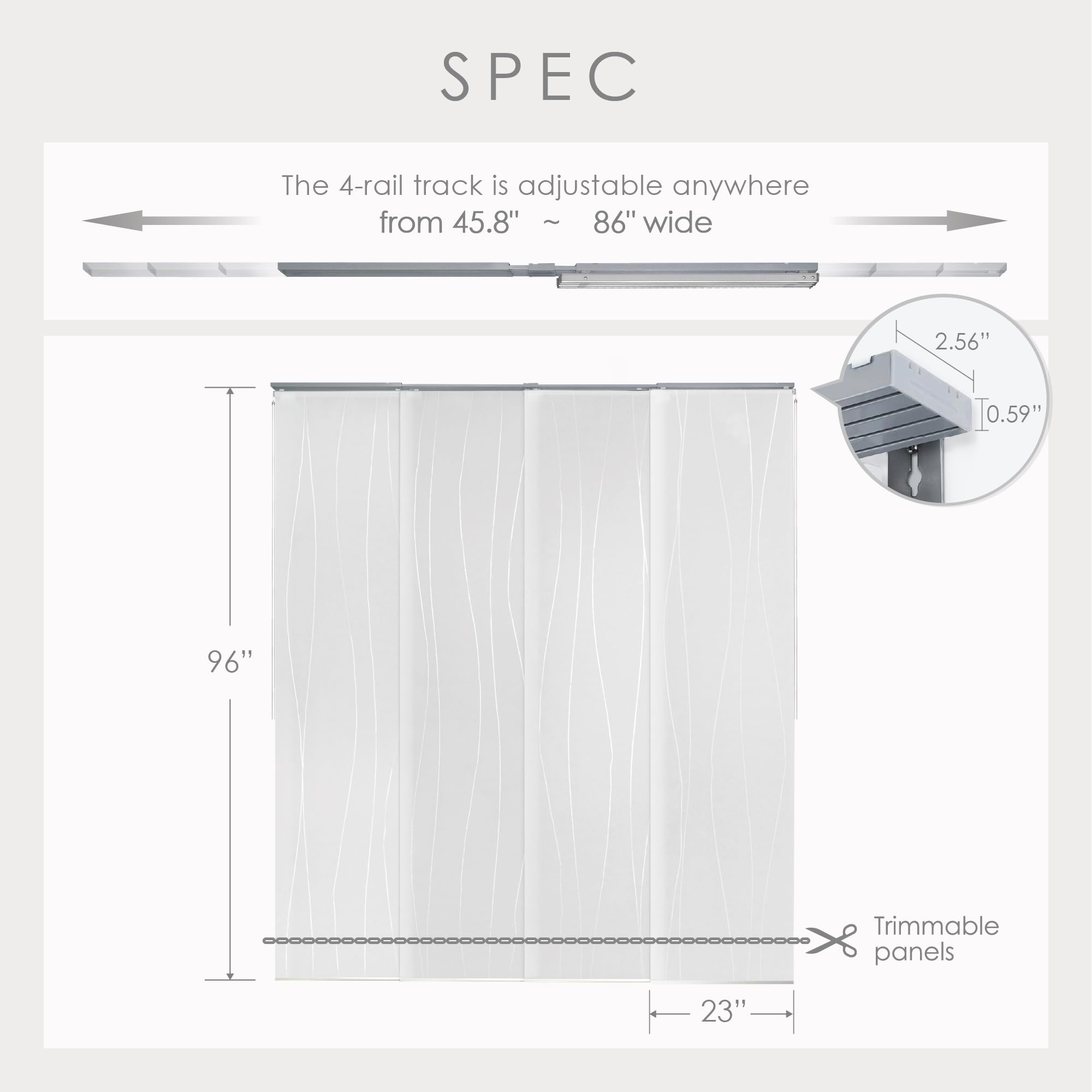 GoDear Design Adjustable Sliding Window Panel Track Blinds 45.8"- 86" W x 96" H, Extendable Vertical Blinds, Sliding Hanging Room Dividers, White Trimmable Fabric Shades, Light Filtering, Catch Me