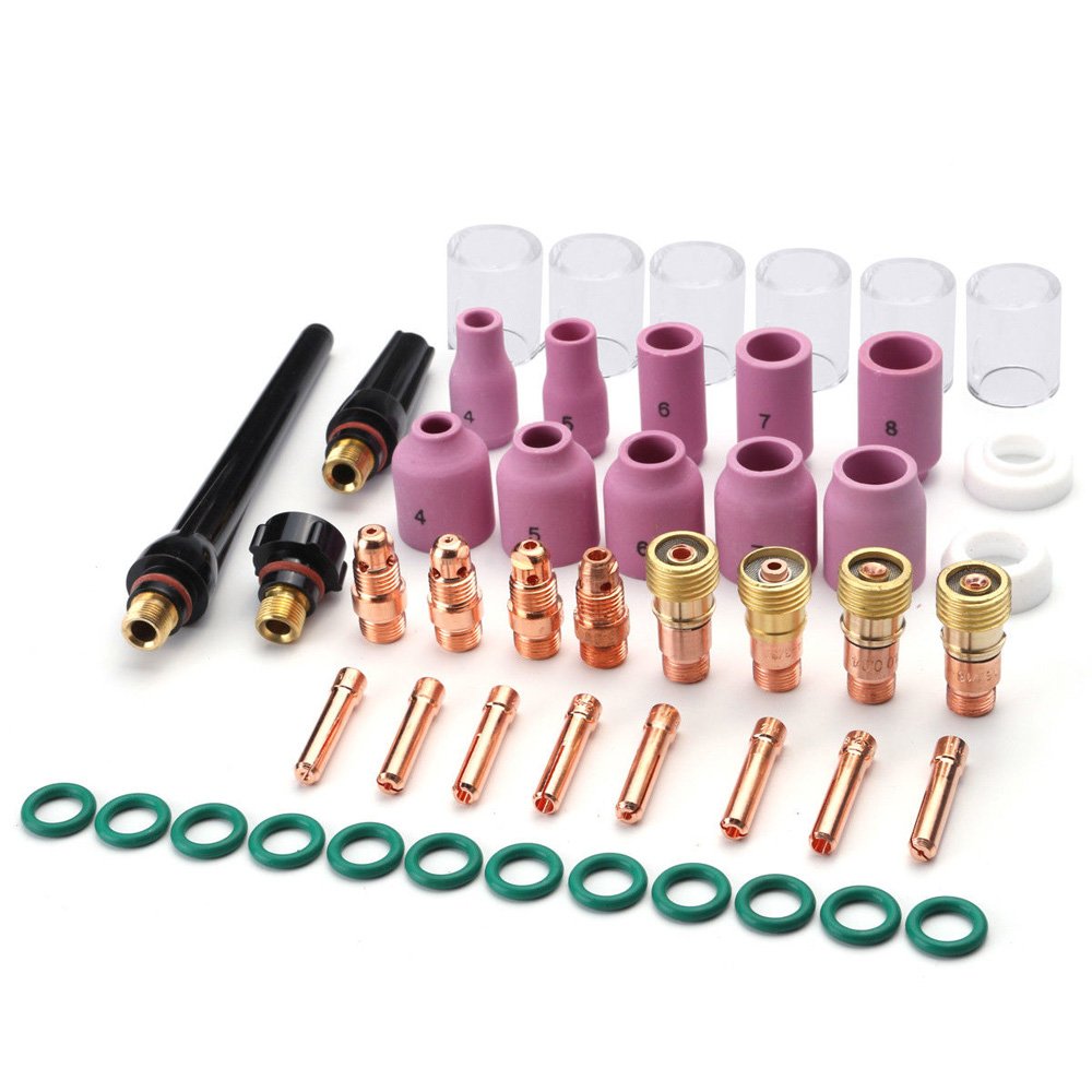 Ginode 49PCS TIG Welding Torch Accessories Kit Collets Body Glass Cup Alumina Nozzle Stubby Gas Lens #10 Pyrex Cup Kit for TIG WP-17/18/26