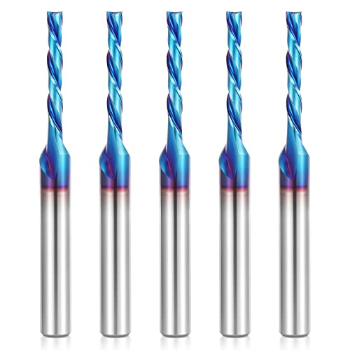 HQMaster 5 Pcs Spiral CNC Router Bits Set Down Cut 1/4” Shank Solid Carbide Spiral Downcut CNC Bits with Nano Blue Coating End Mill for Wood Cut Carving Engraver 1/8" Cutting Dia.