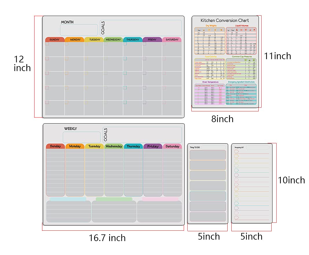 Hivillexun Magnetic Dry Erase Calendar Whiteboard Set (5-Pack) - Includes Meal Planner, Conversion Chart, Family Menu Organizer, Shopping List, and Daily Schedule - 8 Markers and 1 Eraser