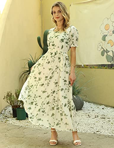 YESNO Women's 2023 Summer Casual Square Neck Floral Dress Ruffle Puff Short Sleeve Belted Maxi Dress with Pockets L E16 CR355