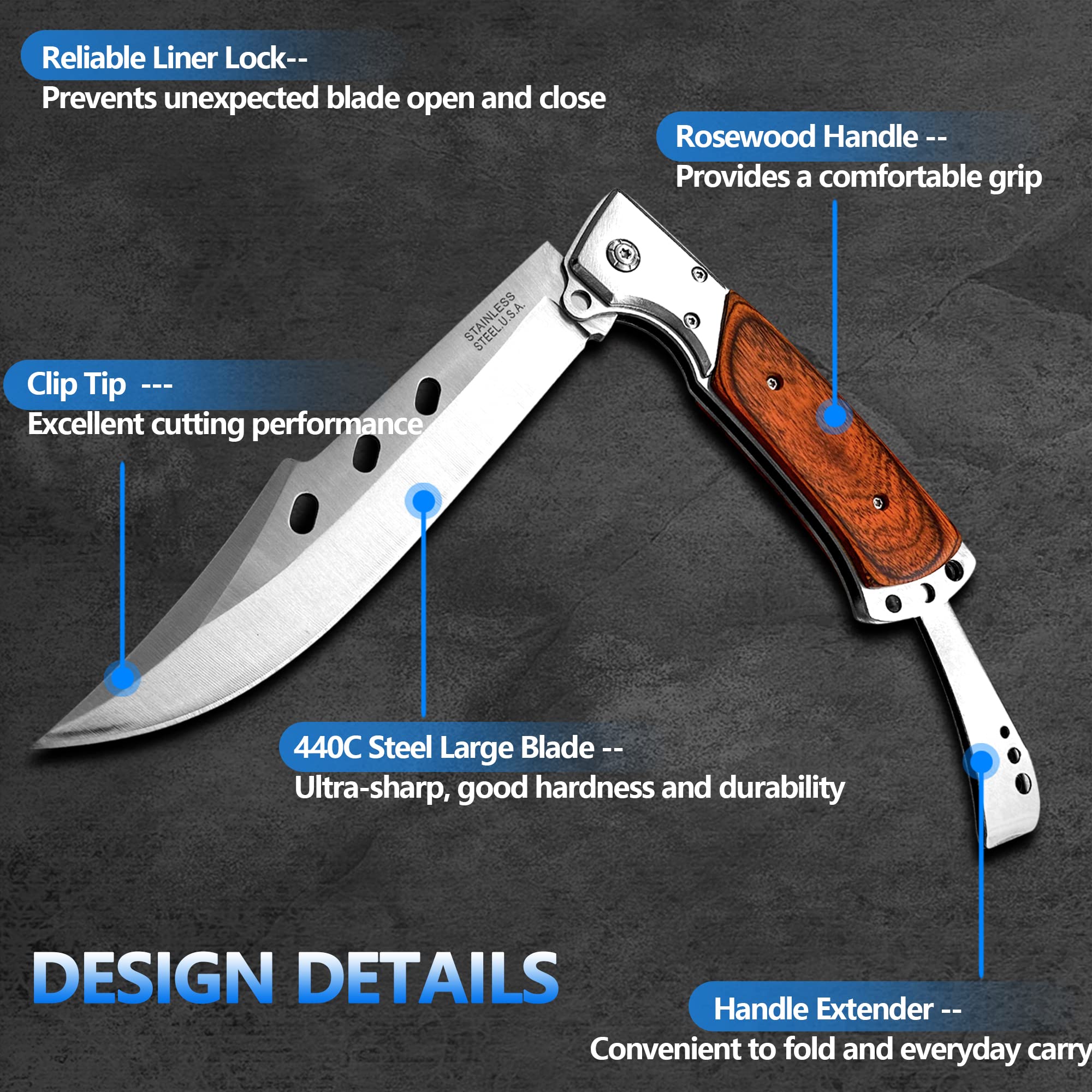 HOLYEDGE 10.5" Folding Tactical Knife with Rosewood Handle - Best EDC Pocket Tactical Outdoor Survival Knife