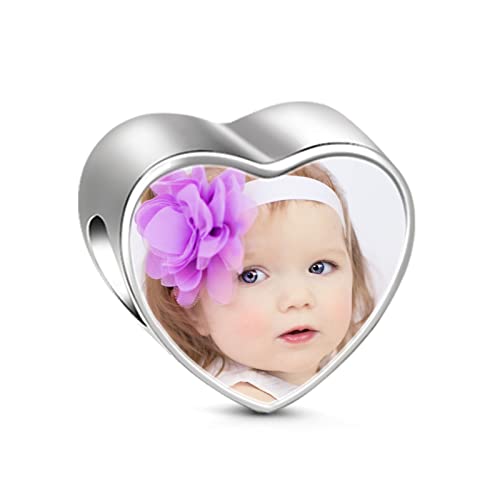 GNOCE Custom Photo Charms for Bracelet 925 Sterling Silver Heart Shaped Personalized Charms Family Memorial for Women